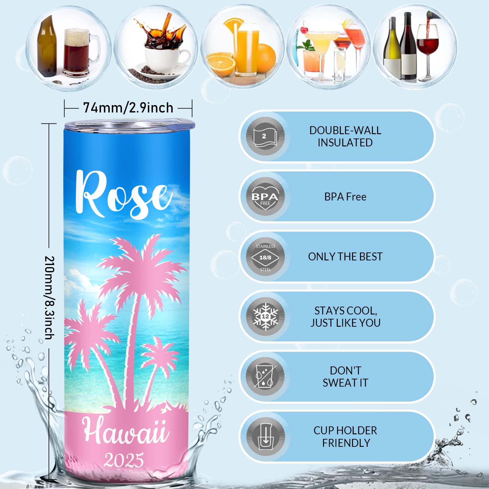 Personalized Tumbler with Name, Custom Beach Vacation Tumblers for Family Friends, Girls Weekend Gifts, 2025 Girls Trip Skinny Tumbler with Lid and Straw, Cruise Trip Gifts, Family Vacation Cups