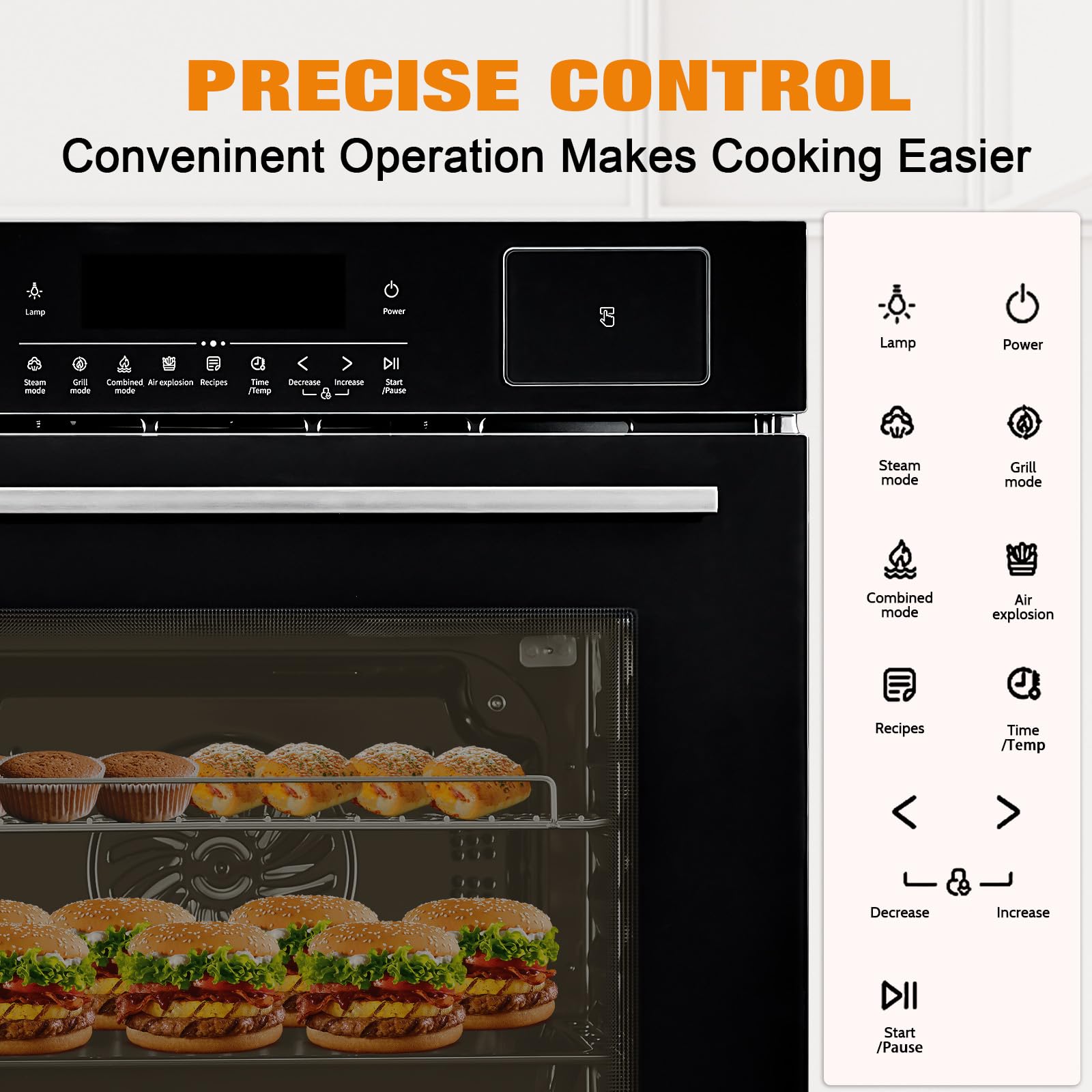 24-Inch Electric Single Wall Oven - 2.5 Cu. Ft. Capacity with 8 Baking Modes, Built-In Convection & Air Frying Function, 3000W Power, 3D Surround Heating, Double-Layered Glass Door, Touch Control Pane