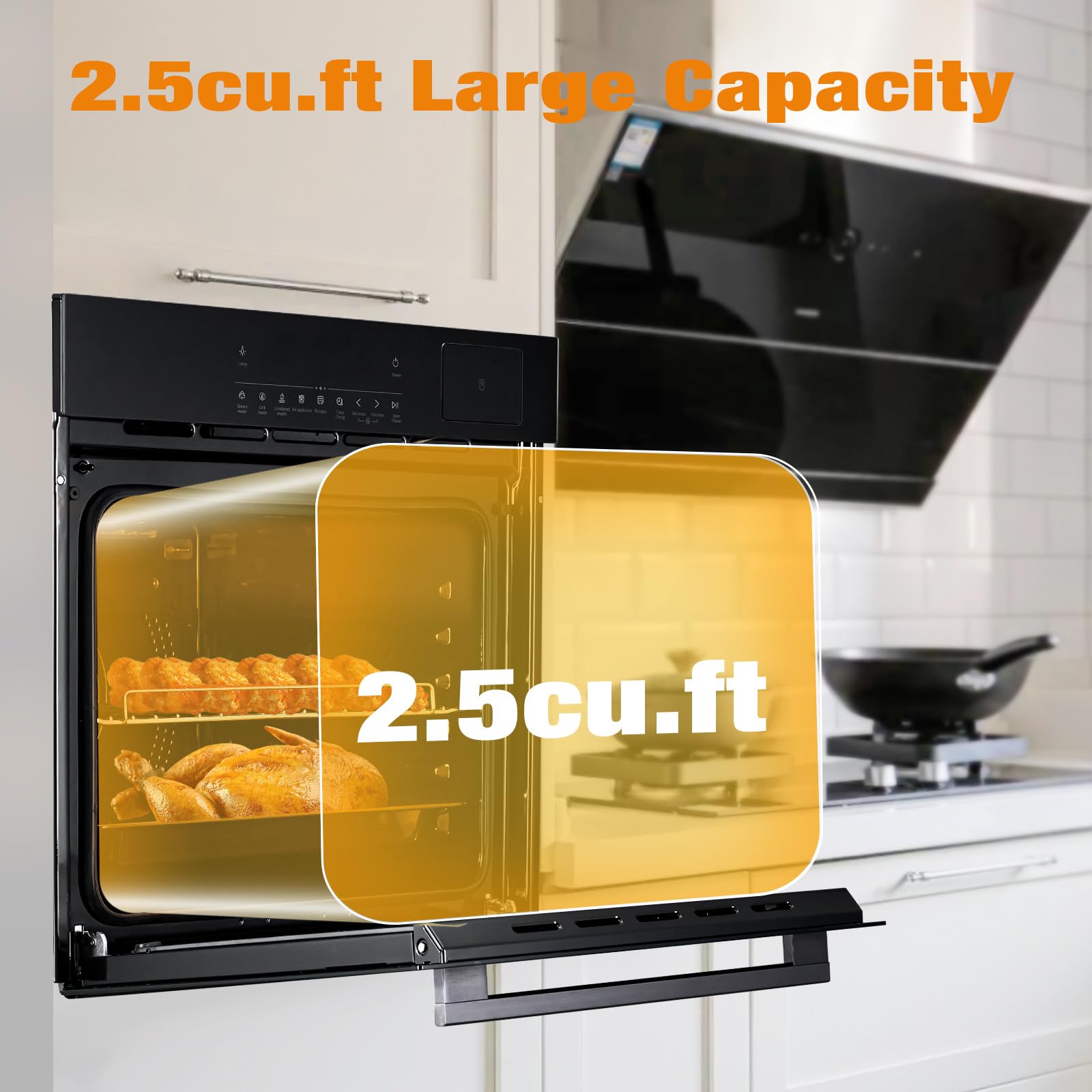 24-Inch Electric Single Wall Oven - 2.5 Cu. Ft. Capacity with 8 Baking Modes, Built-In Convection & Air Frying Function, 3000W Power, 3D Surround Heating, Double-Layered Glass Door, Touch Control Pane