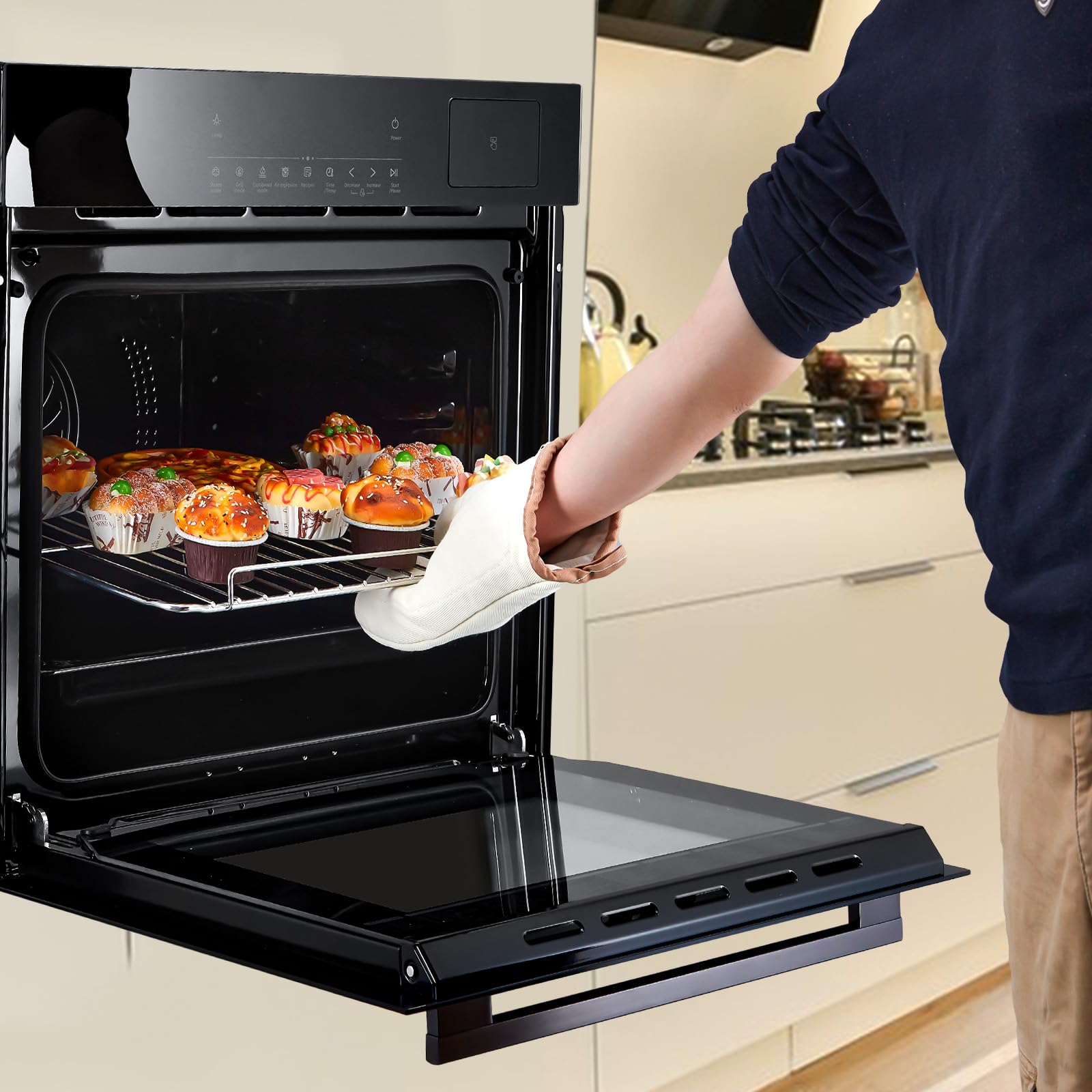 24-Inch Electric Single Wall Oven - 2.5 Cu. Ft. Capacity with 8 Baking Modes, Built-In Convection & Air Frying Function, 3000W Power, 3D Surround Heating, Double-Layered Glass Door, Touch Control Pane