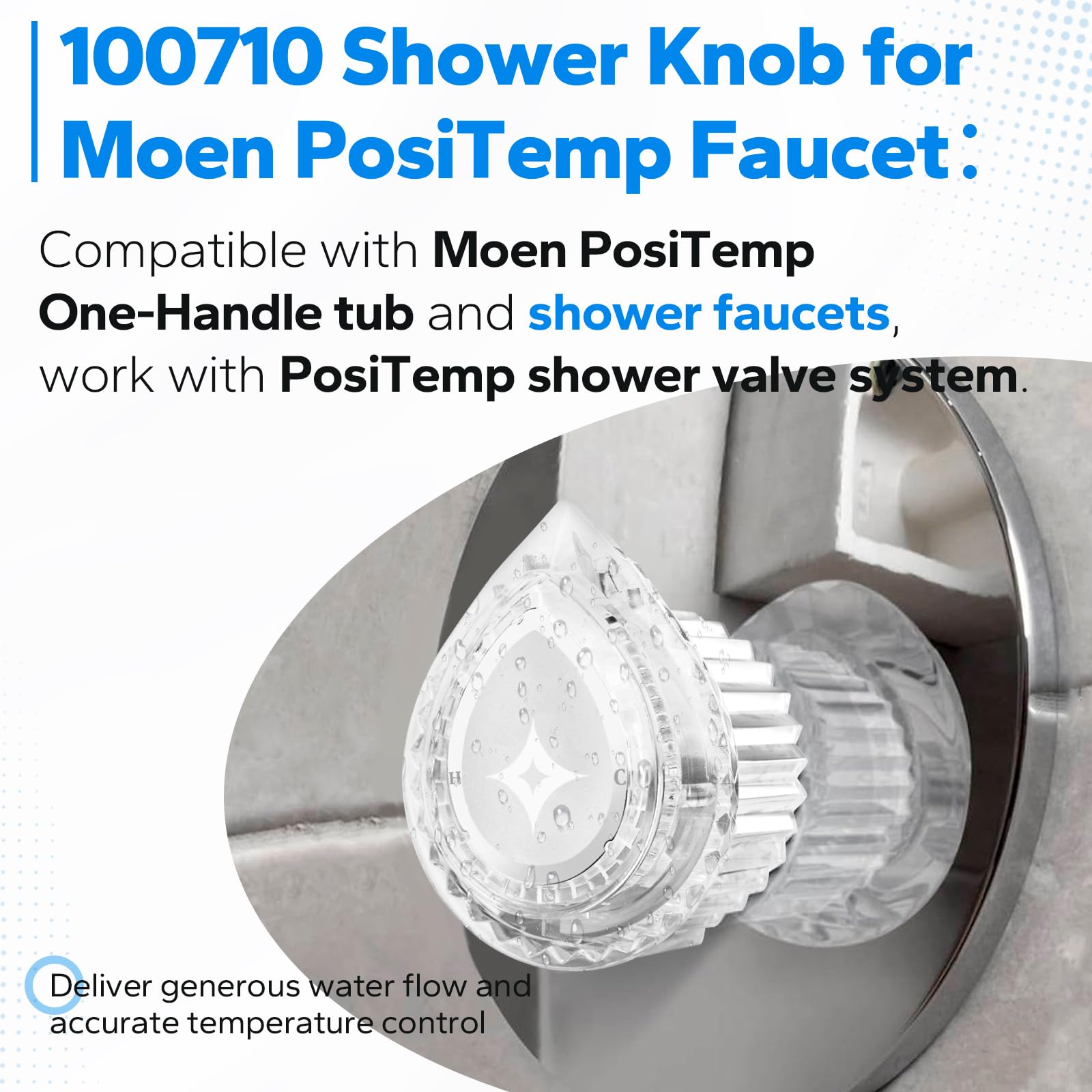 Shower Handle Replacement Knob 100710 for Moen Posi-Temp One-Handle Tub and Shower Faucet, Shower Replacement Parts White Faucet Handles and Chrome Knob Insert