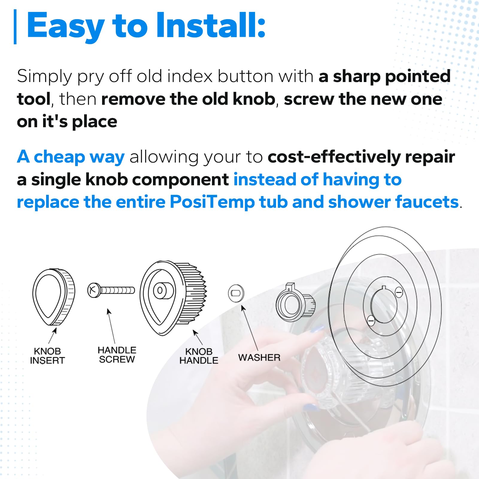 Shower Handle Replacement Knob 100710 for Moen Posi-Temp One-Handle Tub and Shower Faucet, Shower Replacement Parts White Faucet Handles and Chrome Knob Insert