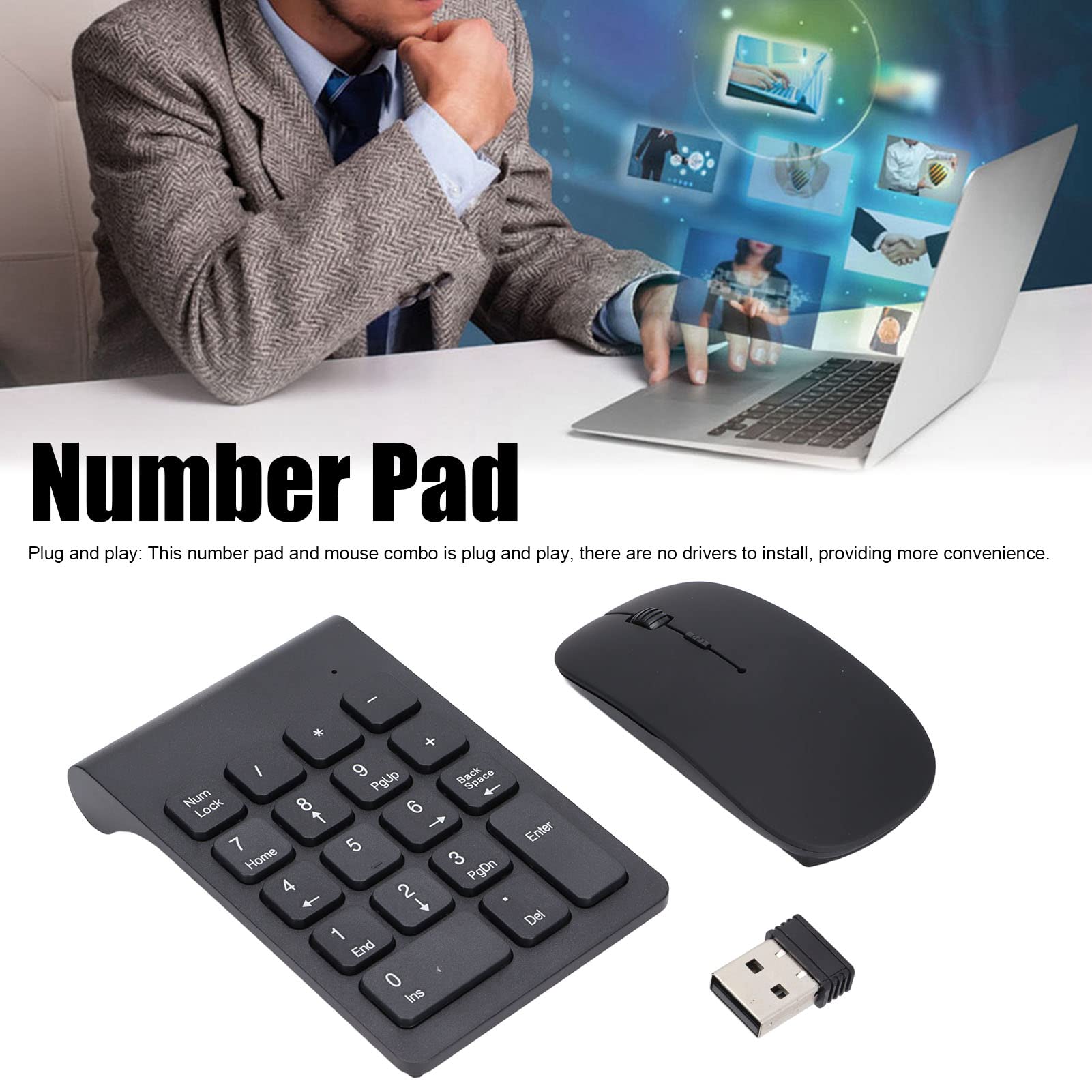 Number Pad Plug and Play 2.4GHz Wireless Technology 1200 DPI Sensitive Number Pad Mouse Combo for Home Office
