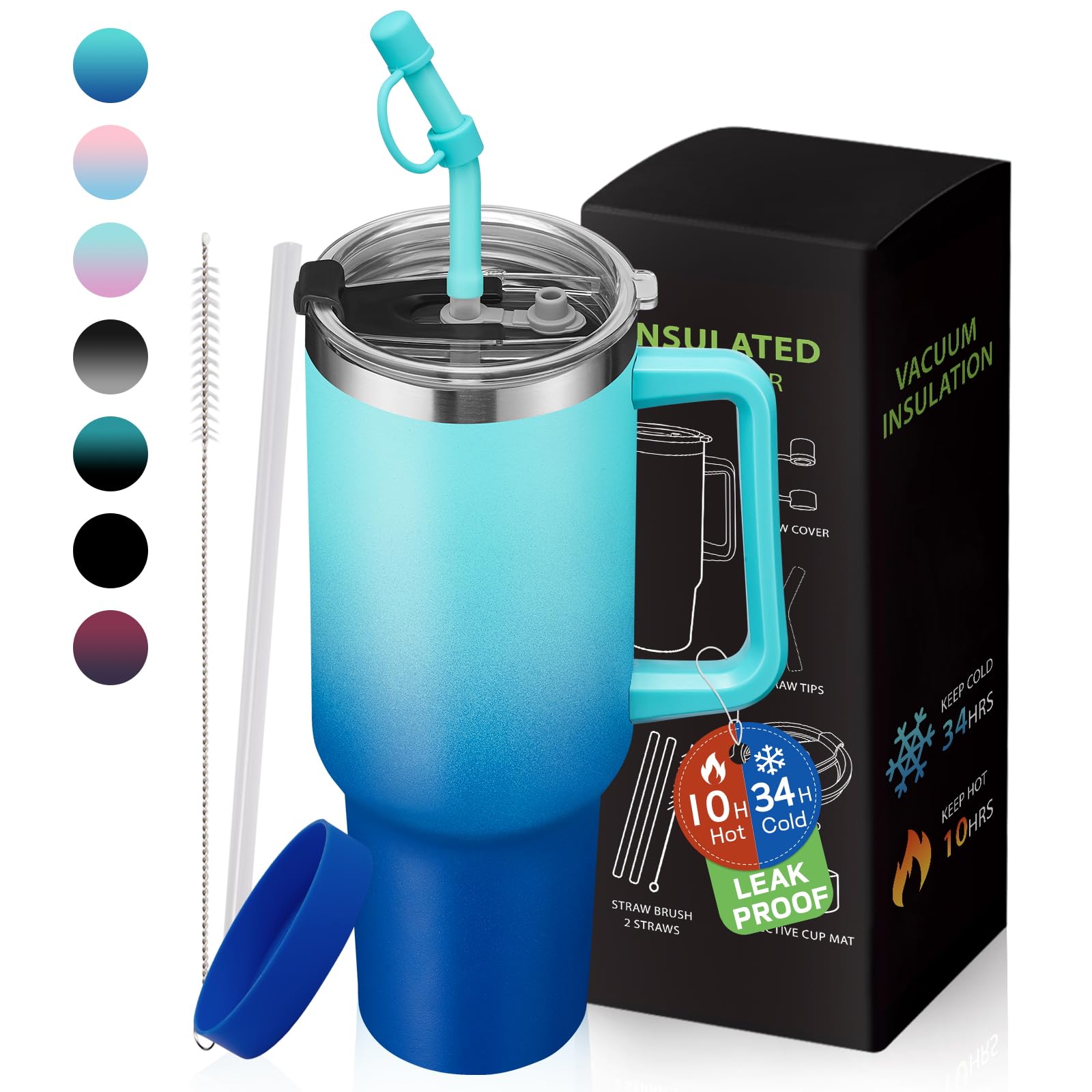 BENZZO 40 oz Tumbler with Handle Straw and 2-in-1 Lid Made of Metal Travel Mug for Easy Grip & Spill Proof, Pop-off Prevention Insulated Cup Gifts for Women, Double Seamless Inner Wall Vacuum Tumbler