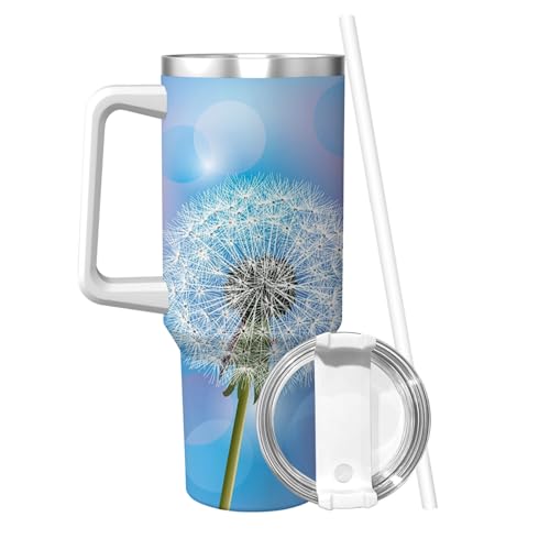 UIANG Floral Stainless Steel Triple Layer Insulated Travel Tumbler with Spill Resistant Lid, Straw, and Carry Handle, BPA Free, 40 oz,Flower with Gardening Plants,Blue Green