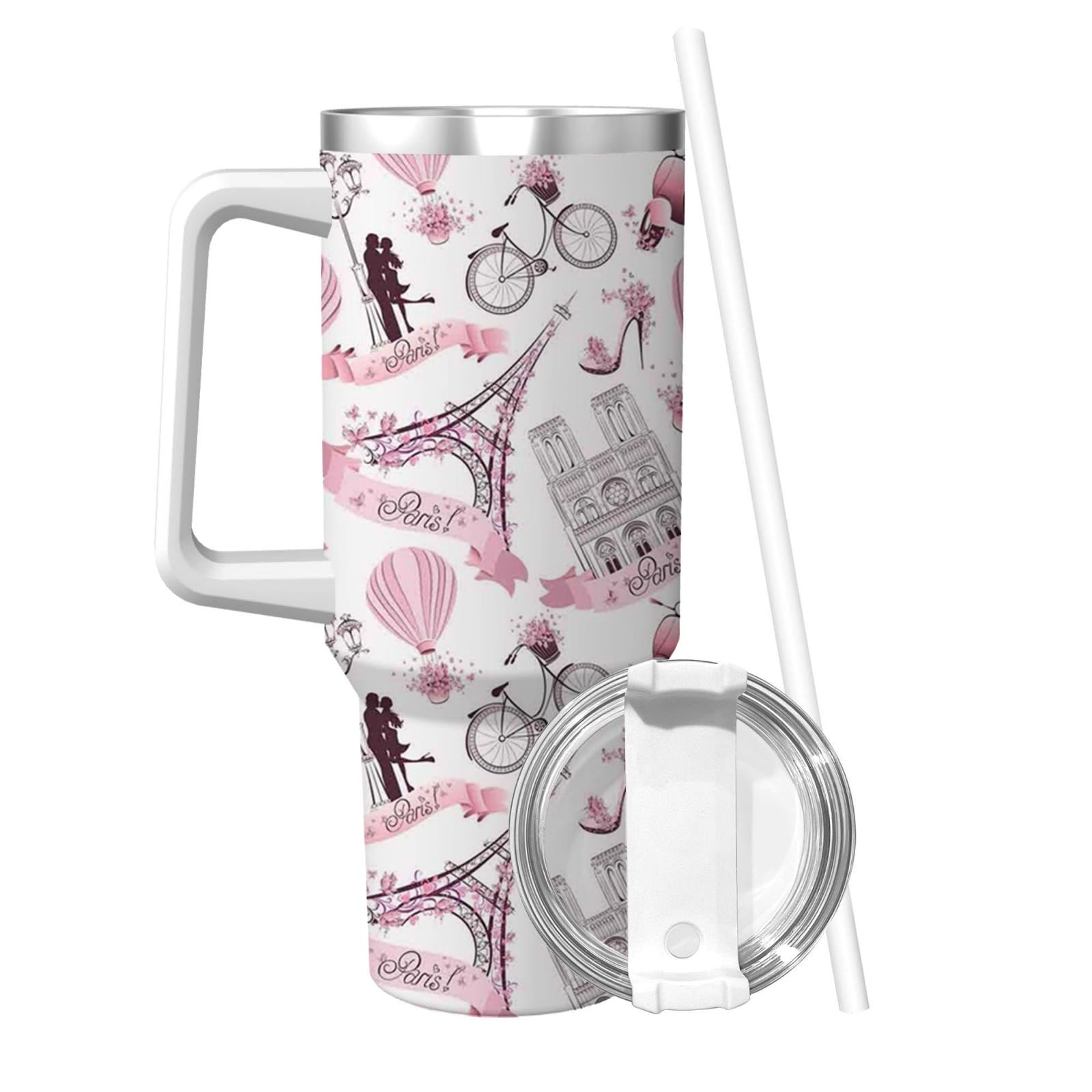 UIANG Eiffel Tower Stainless Steel Triple Layer Insulated Travel Tumbler with Spill Resistant Lid, Straw, and Carry Handle, BPA Free, 40 oz,Travel in Paris Theme,Pink White