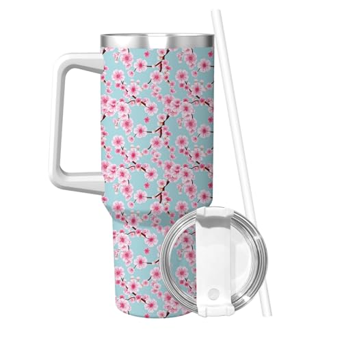 UIANG Cherry Blossom Stainless Steel Triple Layer Insulated Travel Tumbler with Spill Resistant Lid, Straw, and Carry Handle, BPA Free, 40 oz,Seasonal Flower Garden,Blue Pink