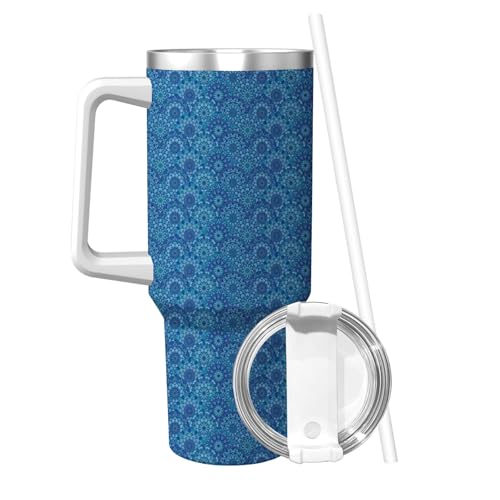 UIANG Blue Mandala Stainless Steel Triple Layer Insulated Travel Tumbler with Spill Resistant Lid, Straw, and Carry Handle, BPA Free, 40 oz,Hippie Bohemian Flowers,Blue Blue