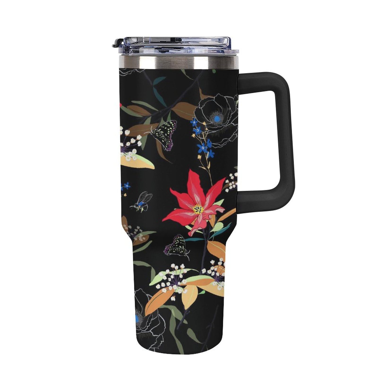 40oz Insulated Tumbler with Handle & Straw Stainless Steel Vacuum Sealed Water Bottle Leakproof Travel Mug for Car, Outdoor & Home BPA-Free Double Wall Cold Hot Beverage Thermos Flower