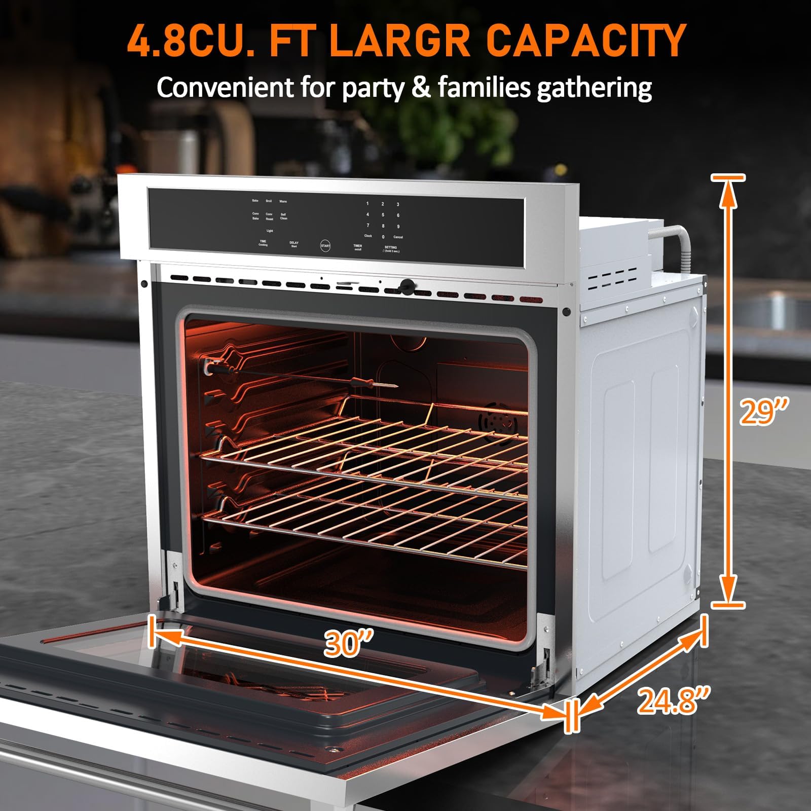GustoWave 30 Inch Wall Oven Single Wall Ovens, 4.8 Cu. Ft. Electric Built-In Convection Oven, 3800W Broil Bake Roast Function Range, Touch Control, LED Display, Timer, Safety Lock
