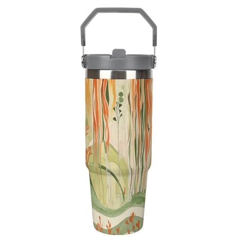ZJCDPBR 30 Oz Tumbler with Foldable Handle And Flip Straw,Green Line Art Vacuum Insulated Travel Coffee Tumblers,Stainless Steel Leak-Proof Water Bottle,Fits in Cup Holder,Keep Cold 24H & Hot 12H