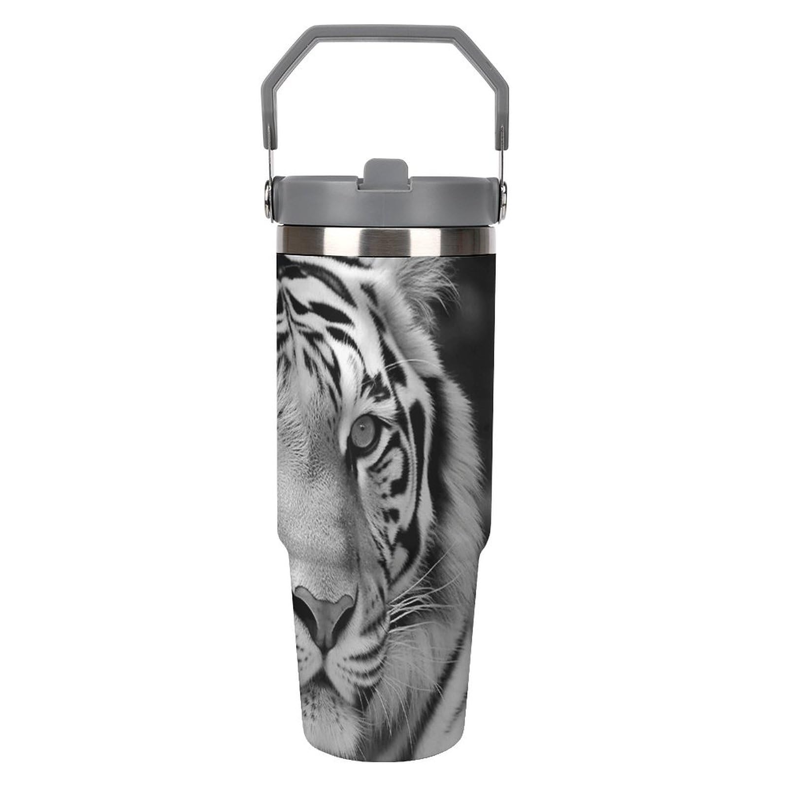 ZJCDPBR 30 Oz Tumbler with Foldable Handle And Flip Straw,Black White Tiger Vacuum Insulated Travel Coffee Tumblers,Stainless Steel Leak-Proof Water Bottle,Fits in Cup Holder,Keep Cold 24H & Hot 12H