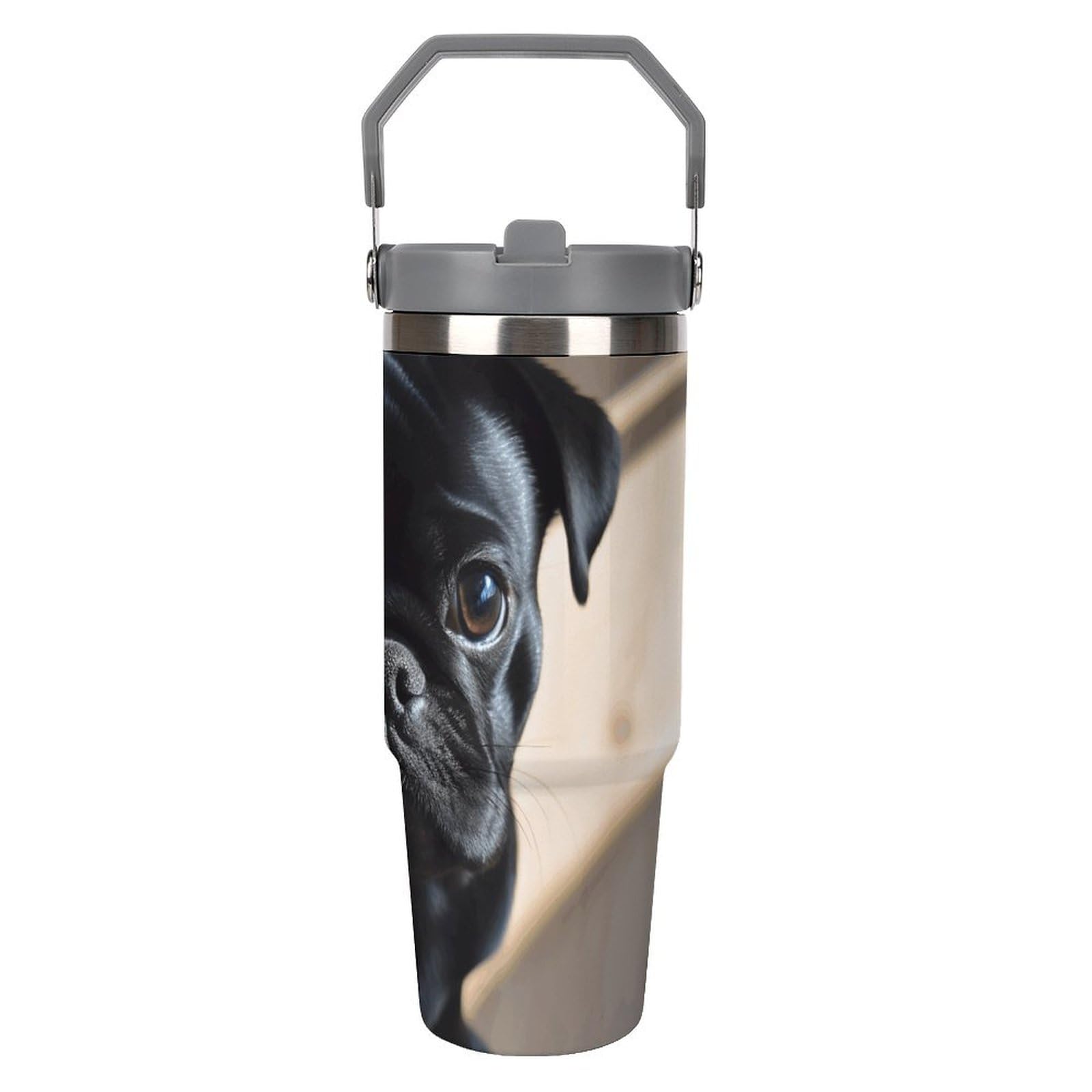 30 Oz Tumbler with Foldable Handle And Flip Straw,Black Pug Dog Puppy Vacuum Insulated Travel Coffee Tumblers,Stainless Steel Leak-Proof Water Bottle,Fits in Cup Holder,Keep Cold 24H & Hot 12H