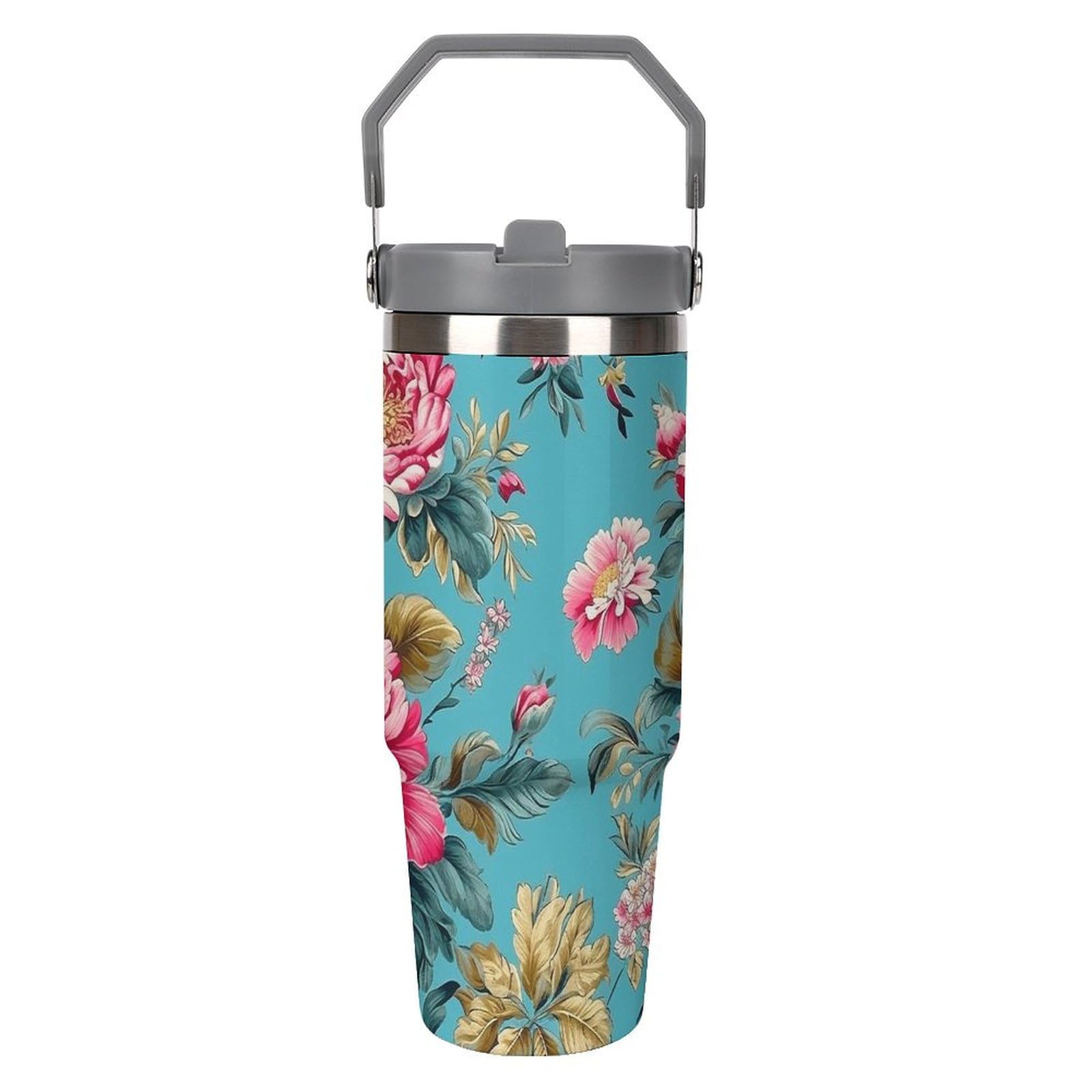 30 Oz Tumbler with Foldable Handle And Flip Straw,Light Blue And Dark Vacuum Insulated Travel Coffee Tumblers,Stainless Steel Leak-Proof Water Bottle,Fits in Cup Holder,Keep Cold 24H & Hot 12H