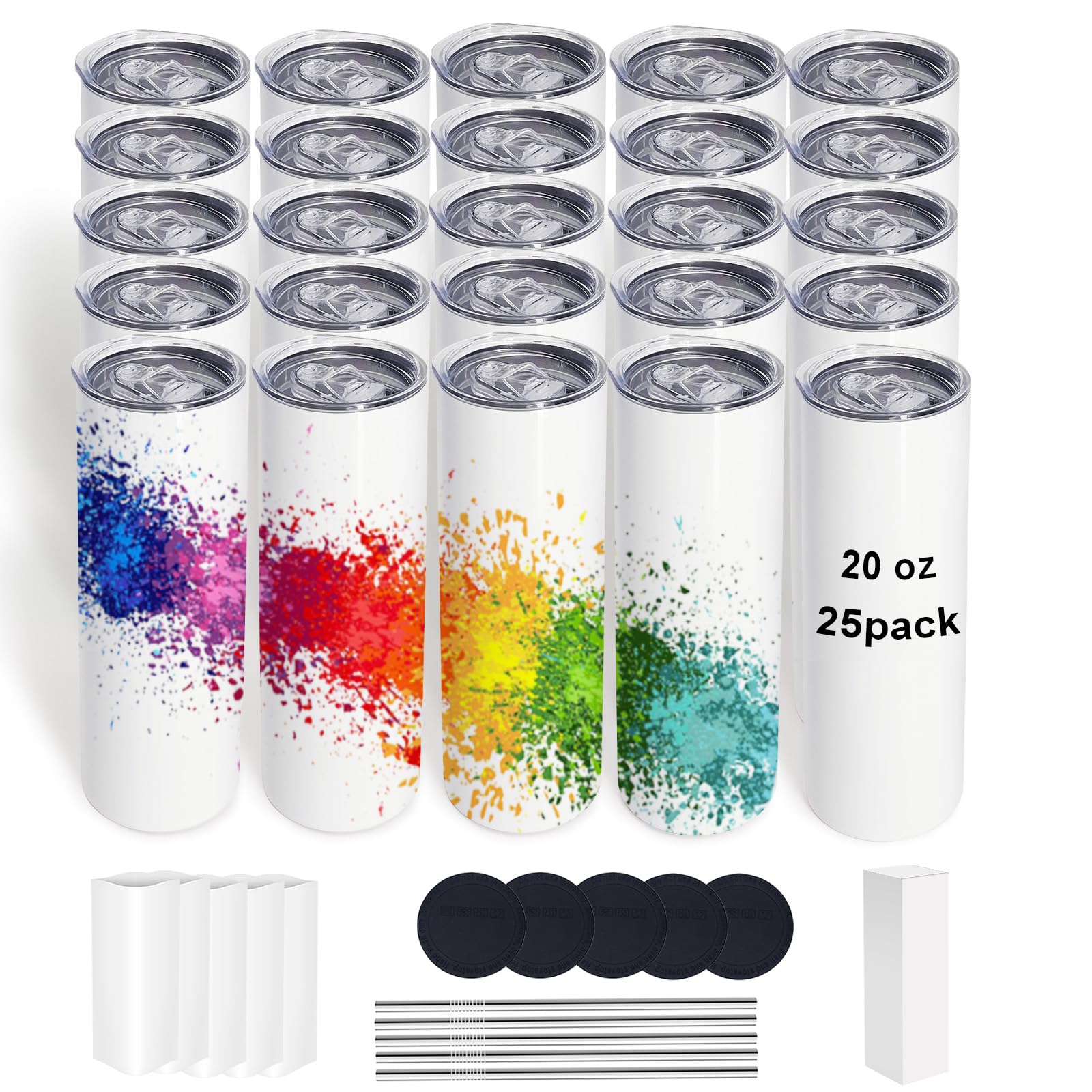 Lilsofee 25 Pack 20 oz Sublimation Tumblers with Lids and Straws Blank Stainless Steel Double Vacuum Metal Skinny Tumbler Heat Press Transfer Printing DIY Cups