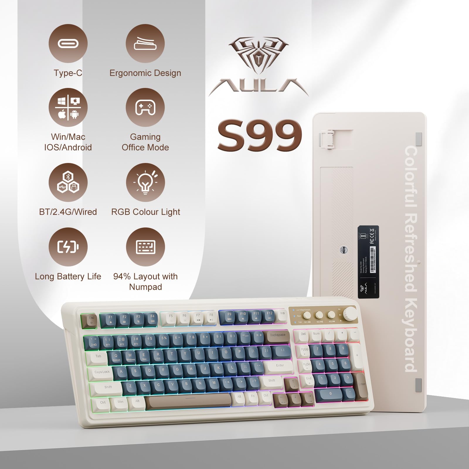 AULA 99 Wireless Keyboard, Custom Computer Keyboard, Tri-Mode Bluetooth 5.0/2.4GHz/USB-C Cute Creamy Gaming Keyboards with Number Pad, RGB Backlit Media Knob Programmable Keybaord for PC Gamer - White