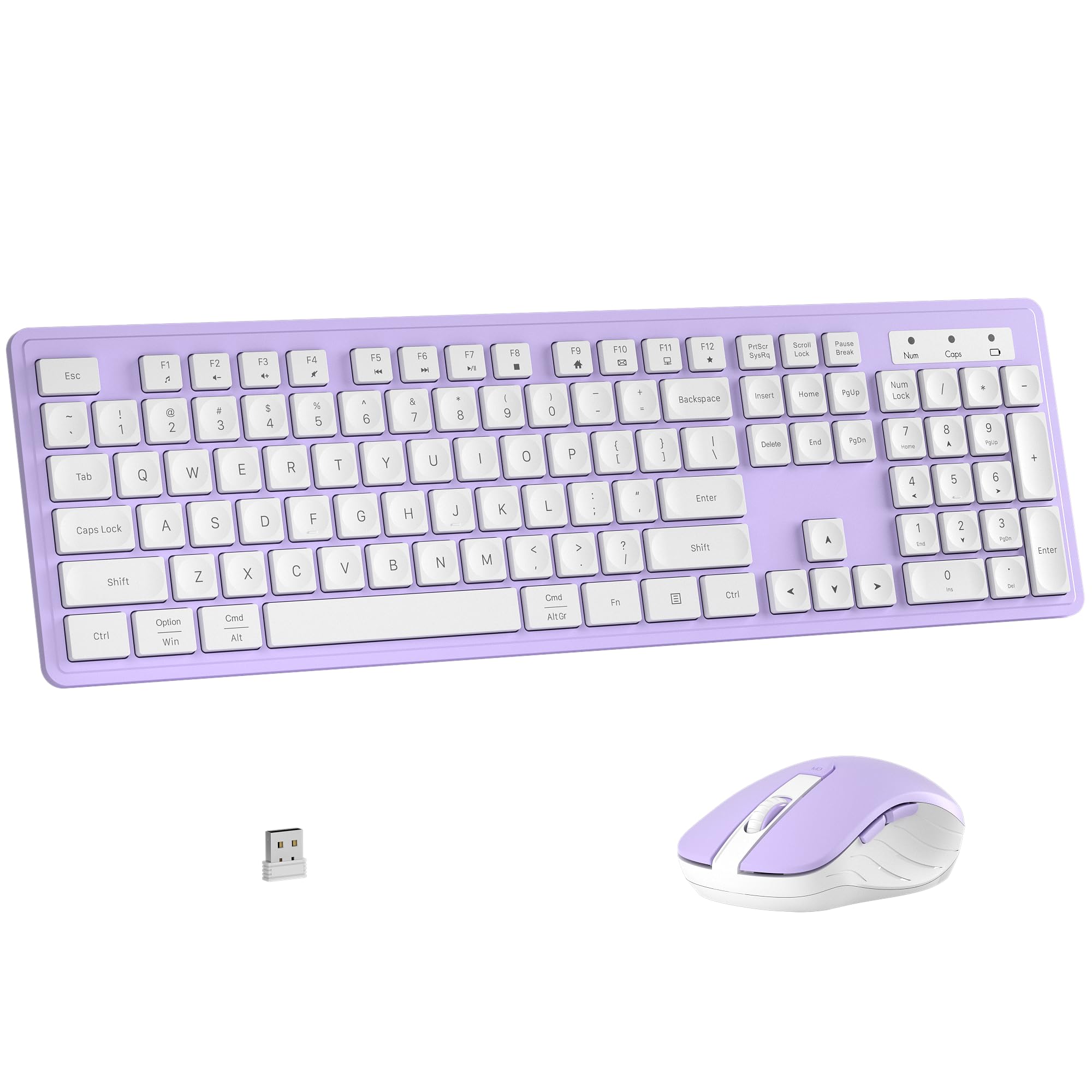 MPTOG Wireless Keyboard and Mouse Combo, Full-Size 104-Key Office Keyboard with 15 Function Keys, Numeric Keypad, Single USB Receiver, Compatible with PC and Laptop(Purple White)