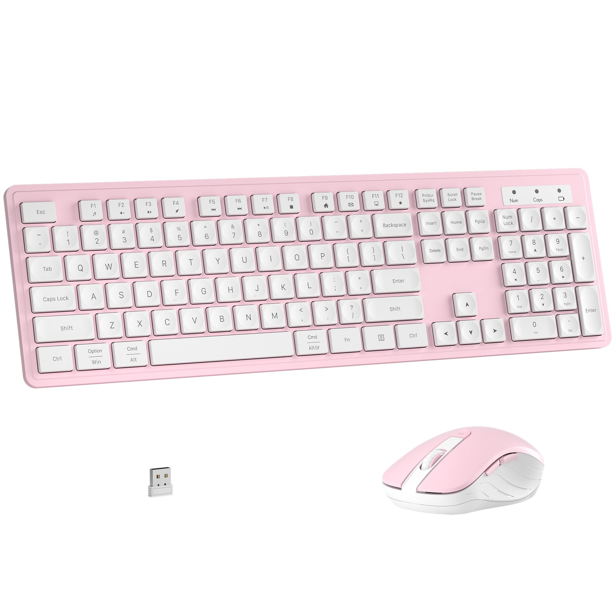 MPTOG Wireless Keyboard and Mouse Combo, Full-Size 104-Key Office Keyboard with 15 Function Keys, Numeric Keypad, Single USB Receiver, Compatible with PC and Laptop(Pink White)