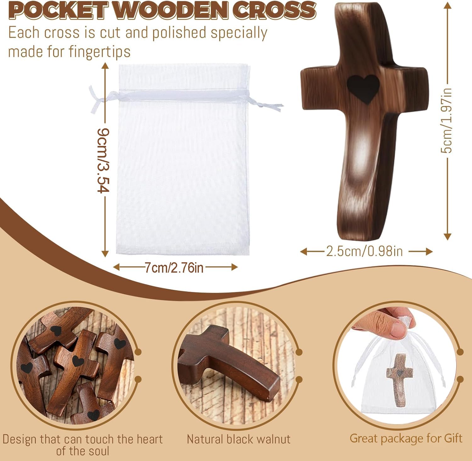 Handmade 3Pcs Pocket Cross My Heart with Organza Bags - Stress Relief Fidget Toy for Christian, Pocket Prayer Cross, Religious Easter Day Gift Set