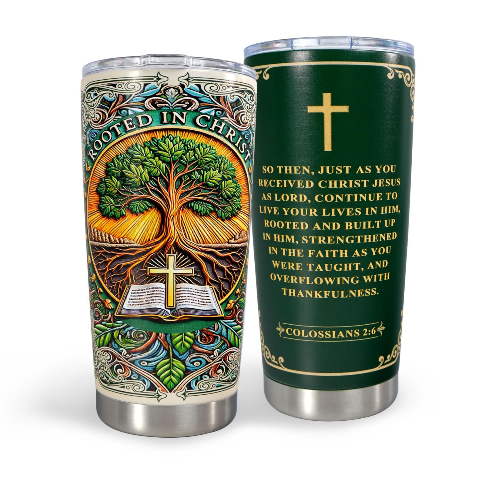 YRCKUDZKG 20 Oz Stainless Steel Tumbler, Double-layer 304 Vacuum Insulated Cup | Leak-Proof Lid Reusable Insulated Mug with Straw, Keeps Hot and Cold for Home, Office, Travel and Car (Bible Tree)