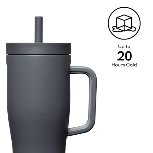 Corkcicle Cruiser Insulated Tumbler with Handle & Straw, Flint, 22 oz – 100% Leakproof Cupholder Friendly Water Bottle Keeps Drinks Cold 20hrs