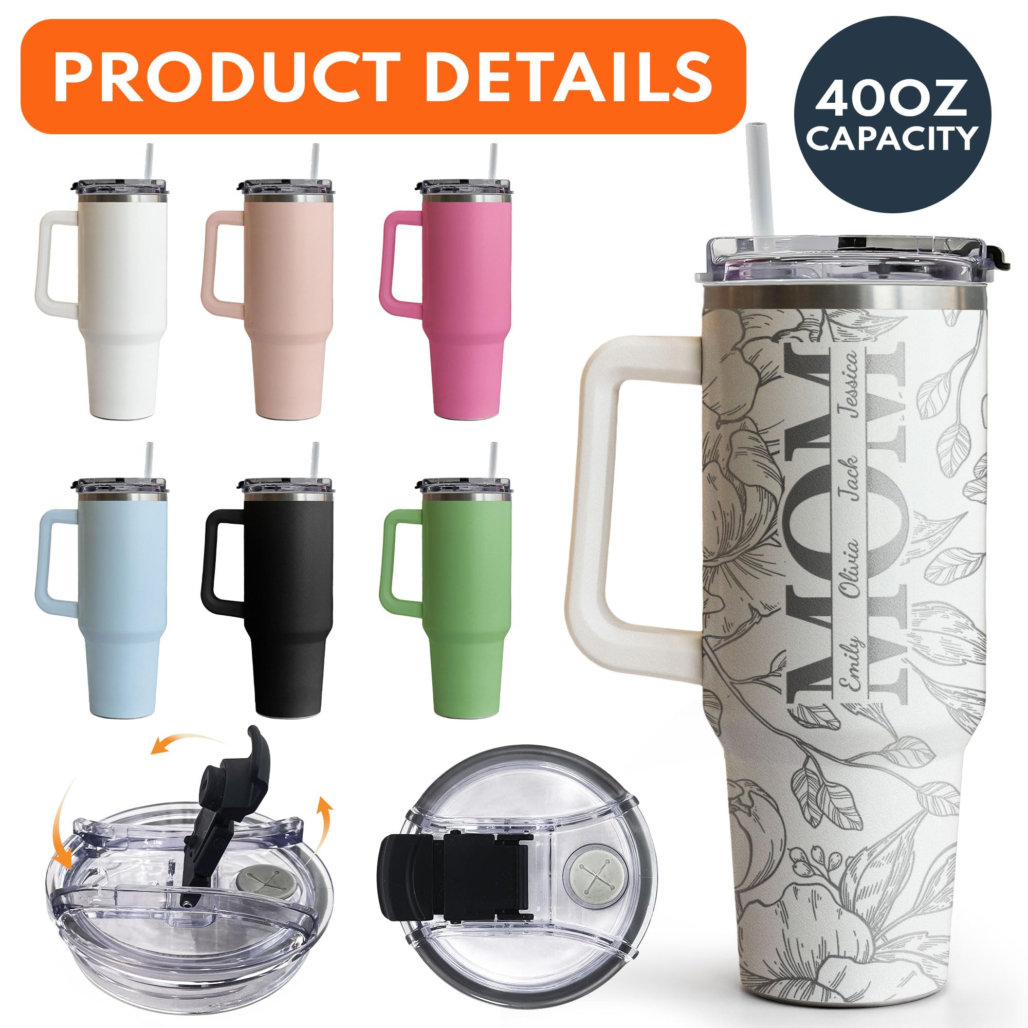 Pandzee Personalized Engraved 40oz Tumbler, Custom Kids' Names Tumbler, Floral Mom Mother's Day Gifts, Gift for Grandma Grandmother