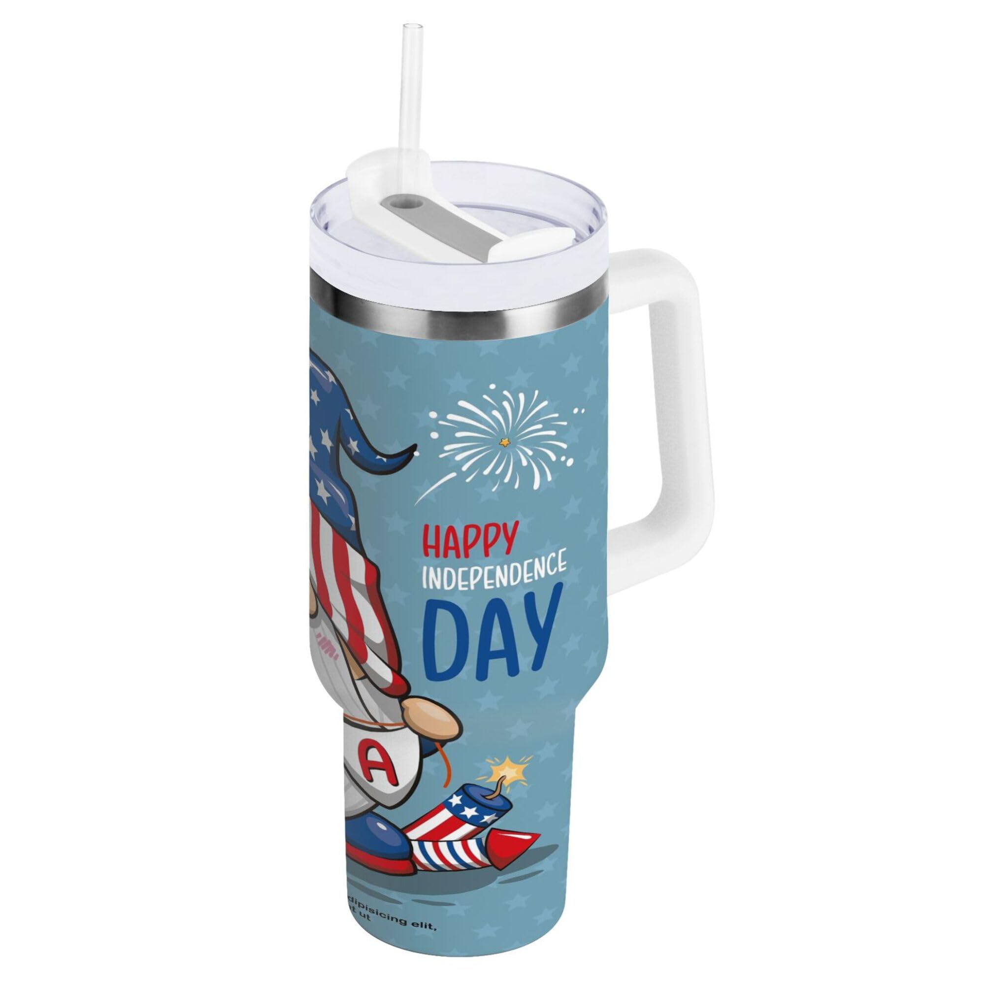 Exnundod 40 oz Tumbler with Handle Patriotic Gnome with Fireworks Insulated Stainless Steel Cup with Lid and Straw 4th July Travel Cup Leak-proof Fits in Car Cup Holder for Iced & Hot
