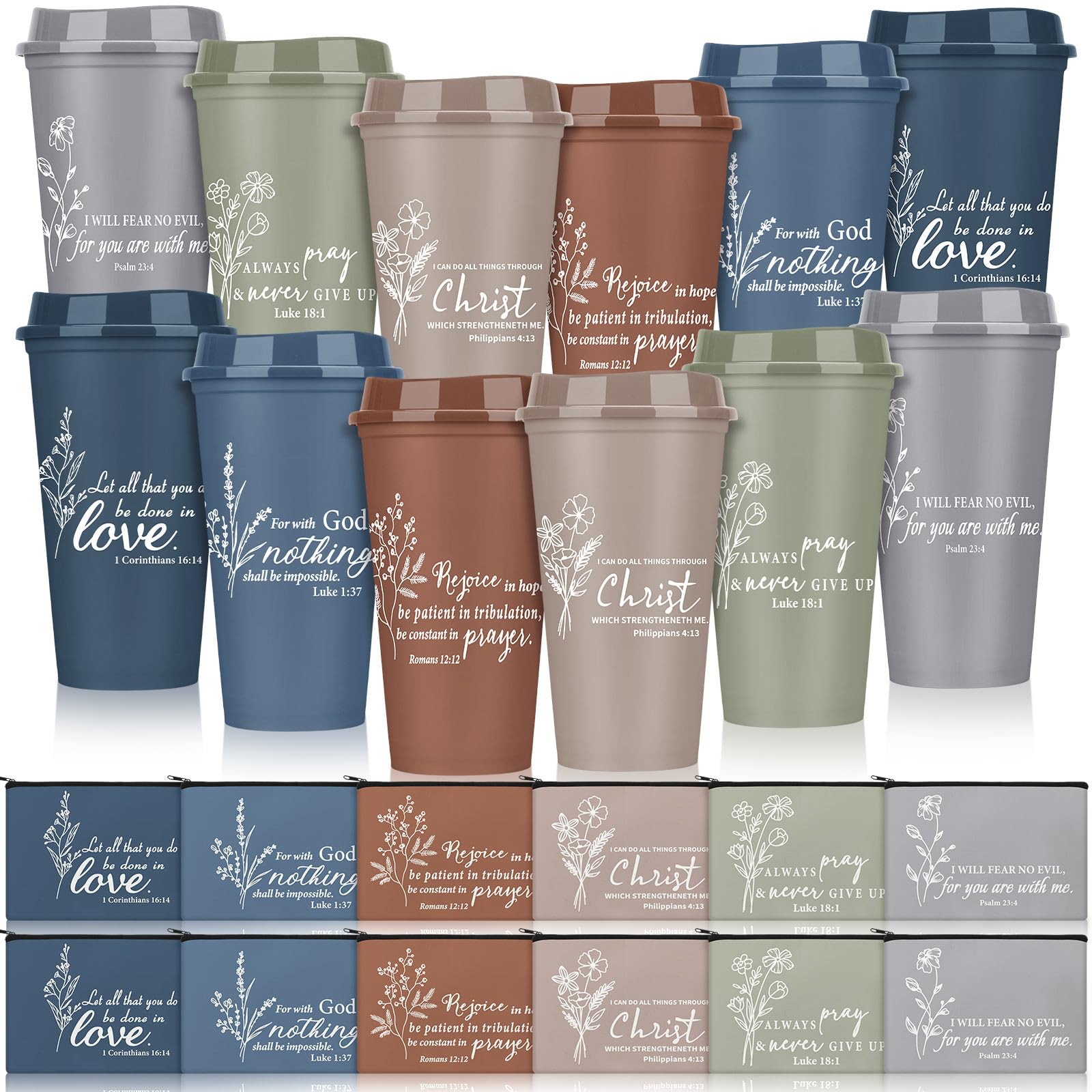 24 Pcs Christian Gifts for Women Include 12 Pcs 24oz Christian Coffee Cups with Lids 12 Religious Canvas Makeup Bags Mother Day Gifts for Church Bible Verse Inspirational Religious Present for Women