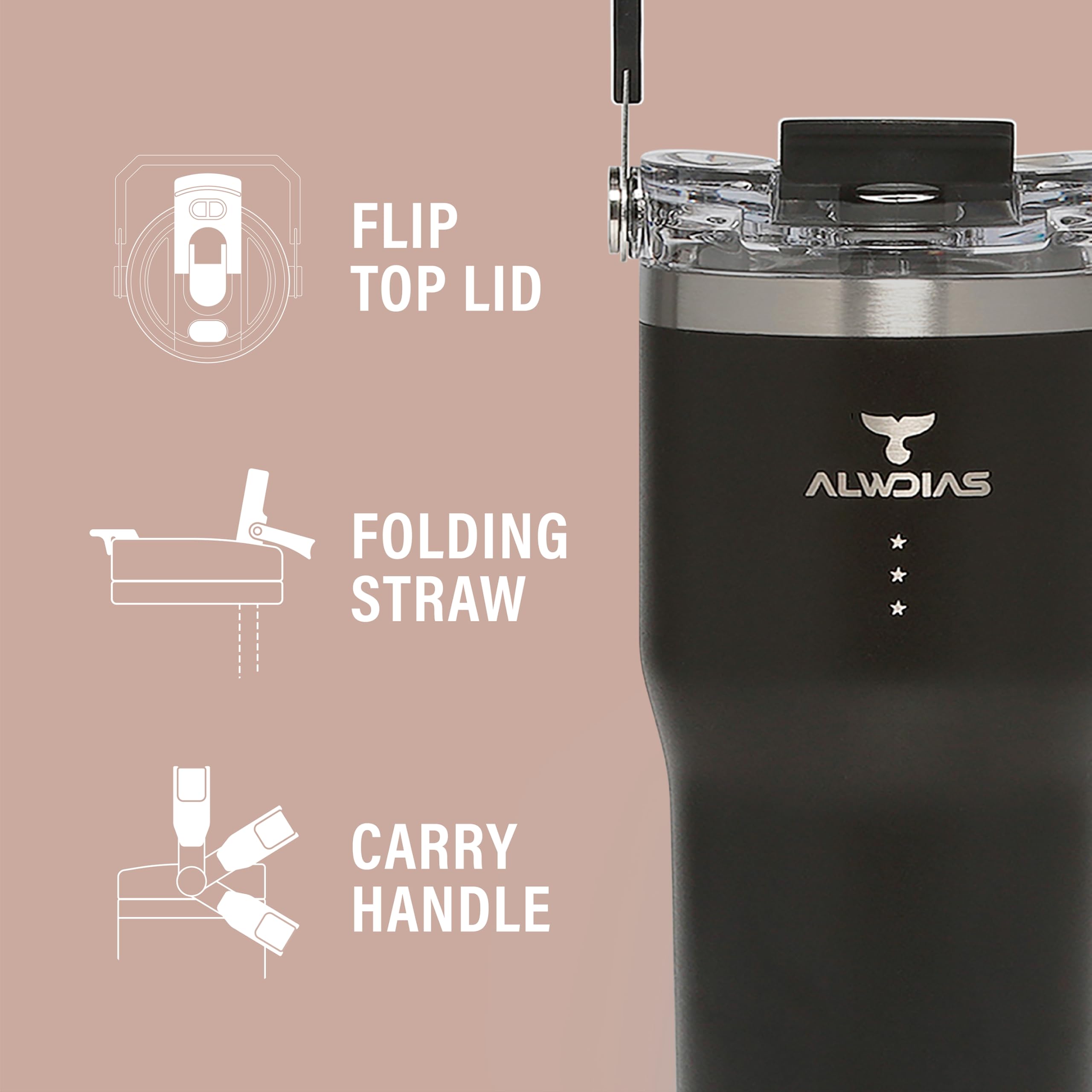Alwdias Samsta Stainless Steel Tumbler with Handle and Straw | Leakproof Vacuum Insulated Water Bottle | Keep Cold 24H | Cup Holder Friendly Double Walled Travel Mug | 20 oz, Black