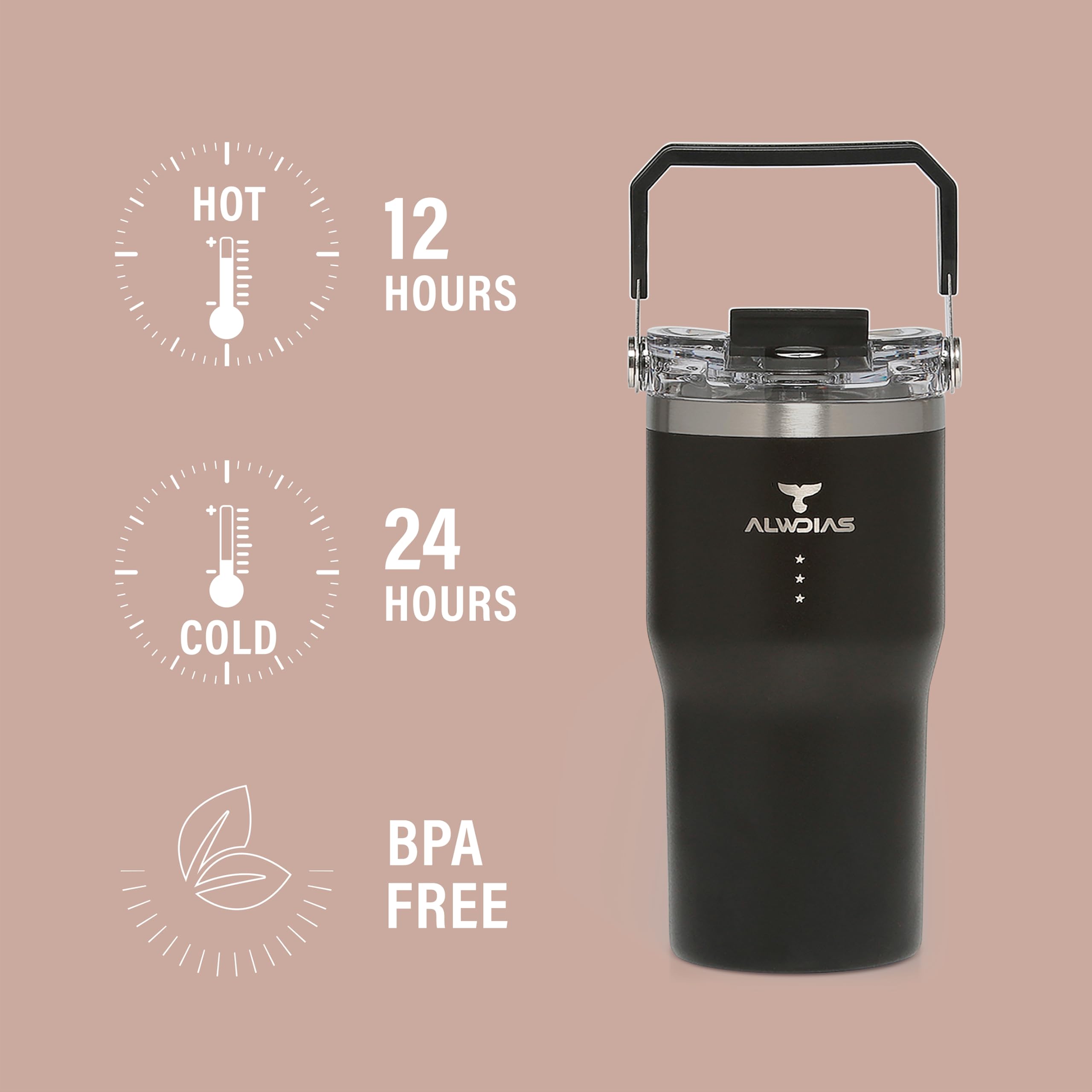 Alwdias Samsta Stainless Steel Tumbler with Handle and Straw | Leakproof Vacuum Insulated Water Bottle | Keep Cold 24H | Cup Holder Friendly Double Walled Travel Mug | 20 oz, Black