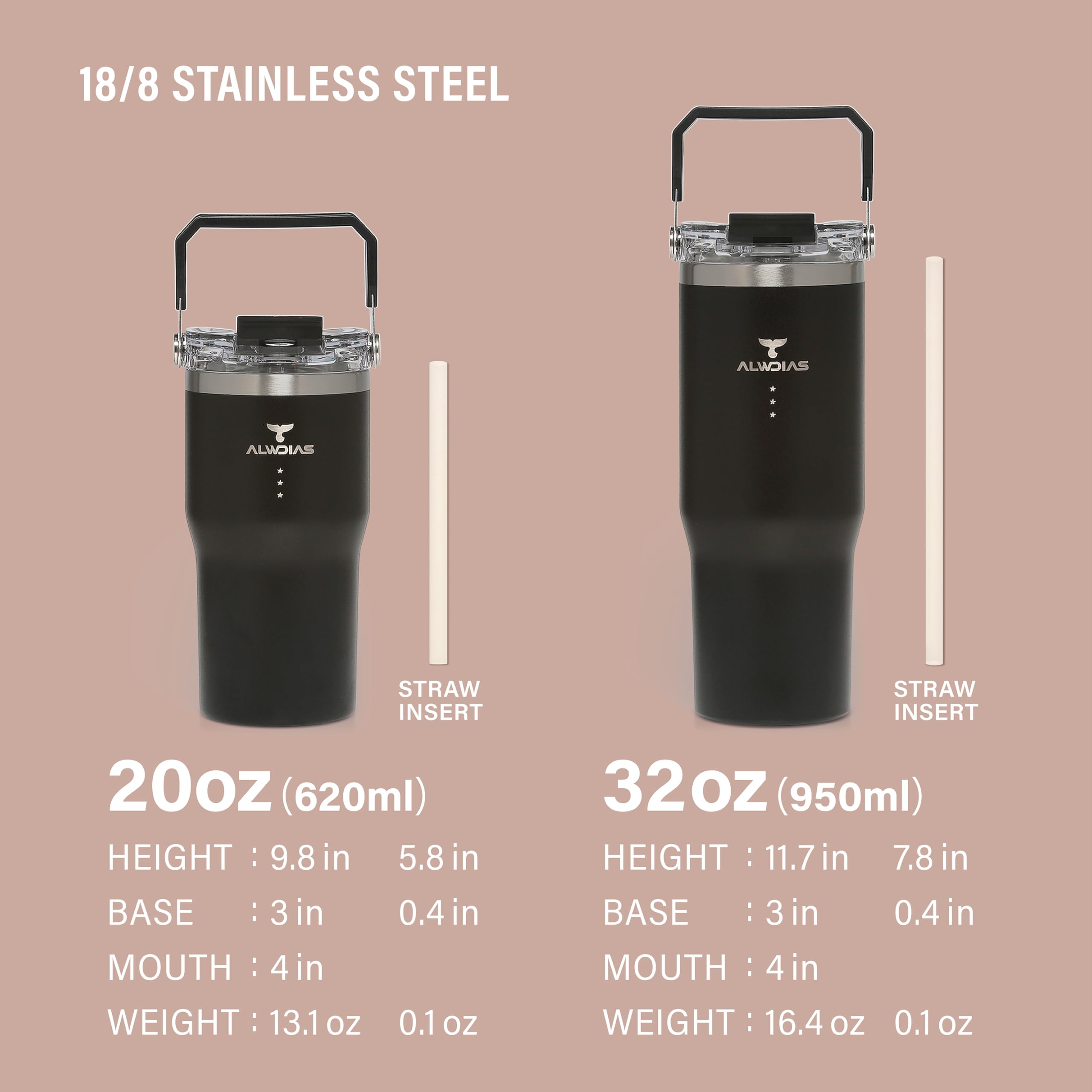 Alwdias Samsta Stainless Steel Tumbler with Handle and Straw | Leakproof Vacuum Insulated Water Bottle | Keep Cold 24H | Cup Holder Friendly Double Walled Travel Mug | 20 oz, Black