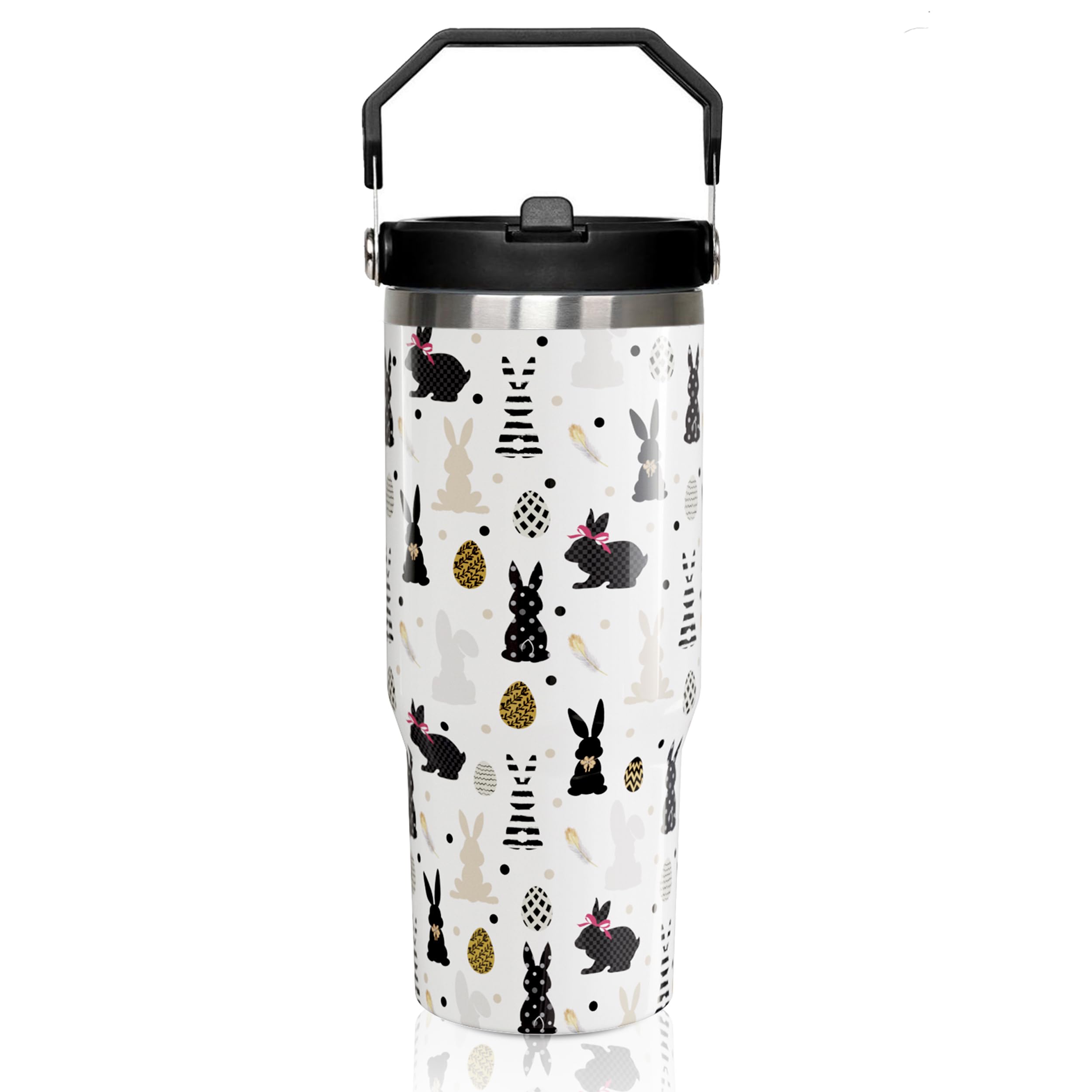 30oz Easter Tumbler with Handle and Straw, Black Rabbits Insulated Tumbler, Leak Proof Travel Coffee Mug, Reusable Stainless Steel Easter Egg Tumbler, Easter Gifts for Women (black white)
