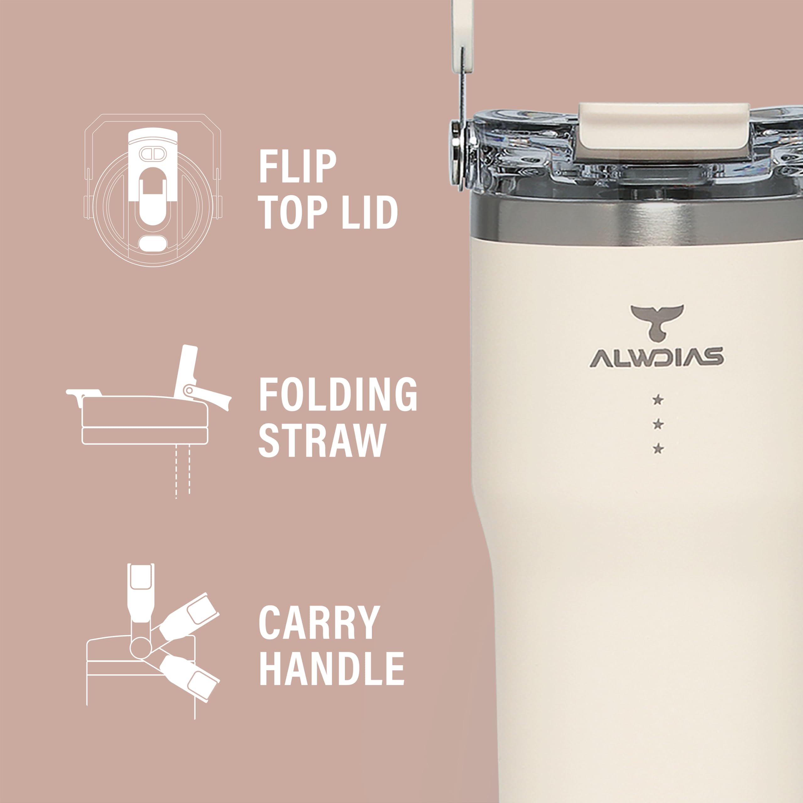 ALWDIAS Samsta Stainless Steel Tumbler with Handle and Straw | Leakproof Vacuum Insulated Water Bottle | Keep Cold 24H | Cup Holder Friendly Double Walled Travel Mug | 20 oz, White Cream