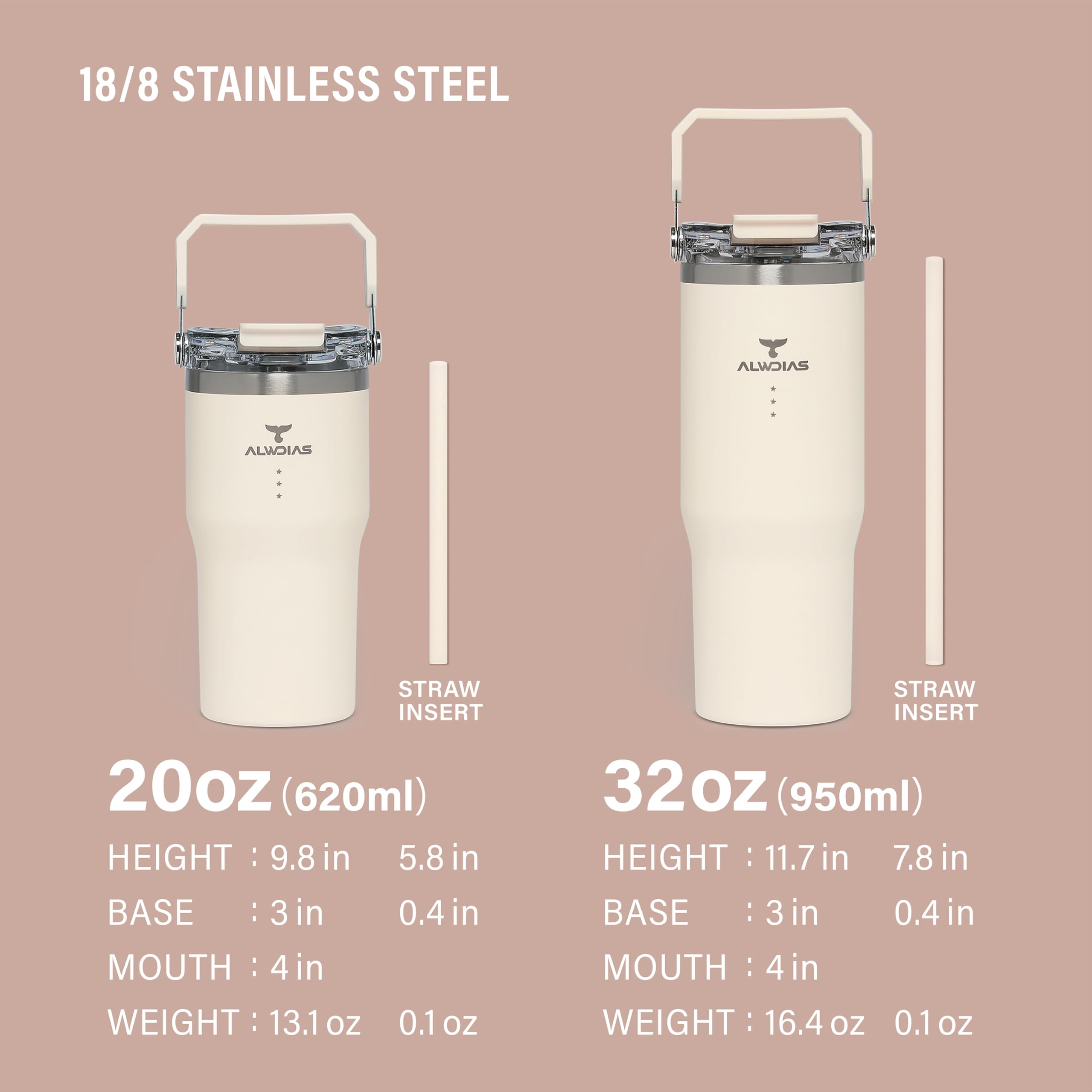ALWDIAS Samsta Stainless Steel Tumbler with Handle and Straw | Leakproof Vacuum Insulated Water Bottle | Keep Cold 24H | Cup Holder Friendly Double Walled Travel Mug | 20 oz, White Cream
