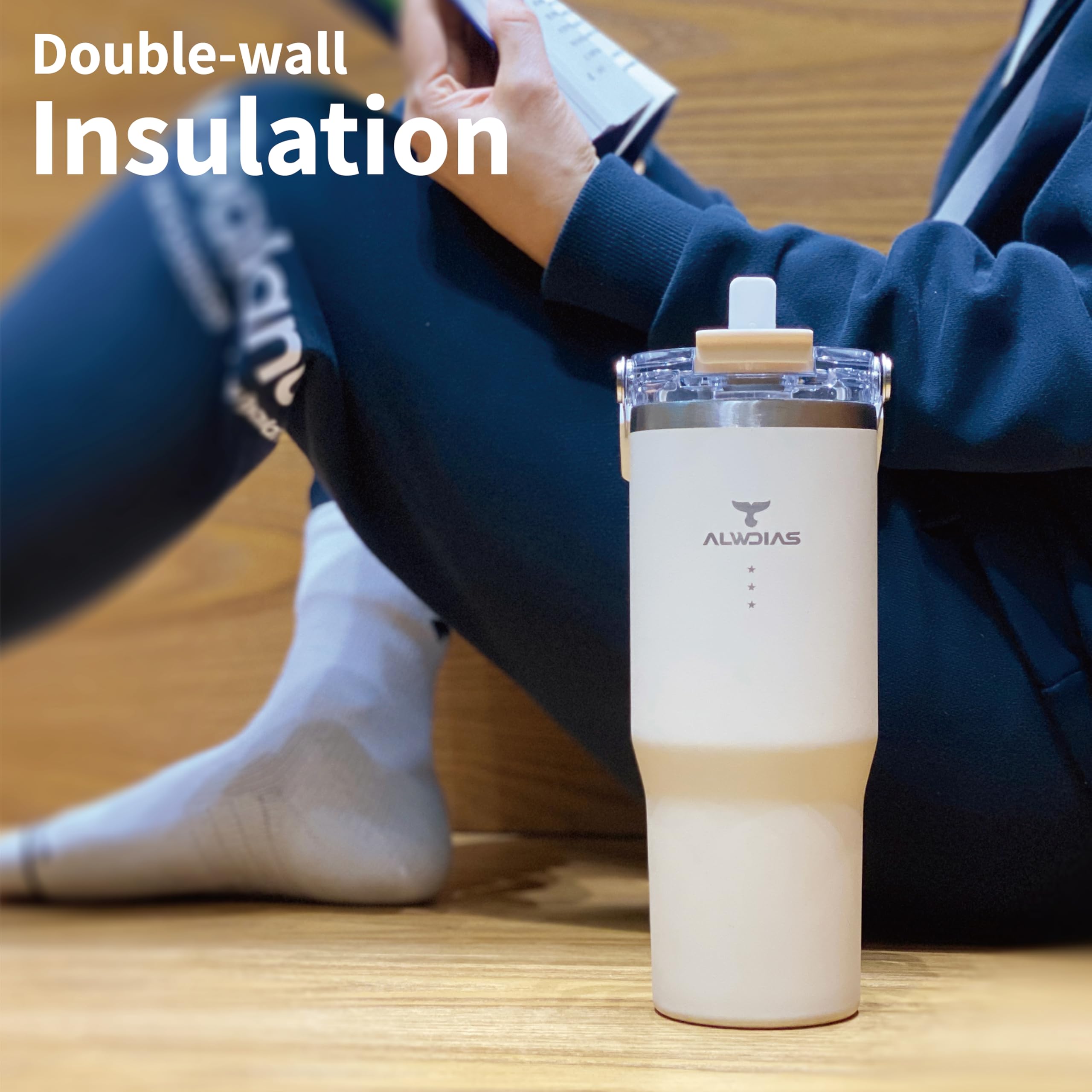 Alwdias Samsta Stainless Steel Tumbler with Handle and Straw | Leakproof Vacuum Insulated Water Bottle | Keep Cold 24H | Cup Holder Friendly Double Walled Travel Mug | 32 oz, White Cream
