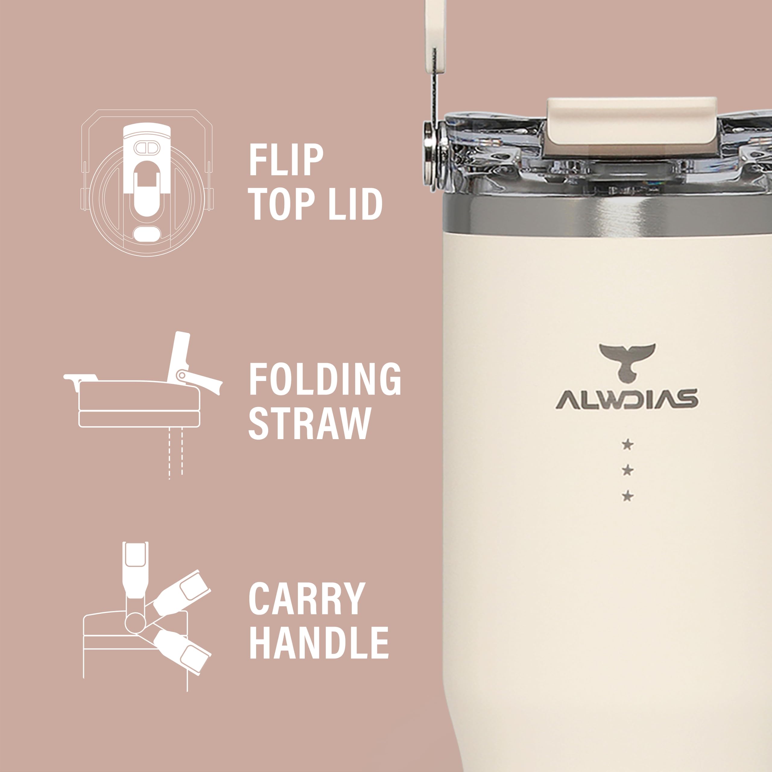 Alwdias Samsta Stainless Steel Tumbler with Handle and Straw | Leakproof Vacuum Insulated Water Bottle | Keep Cold 24H | Cup Holder Friendly Double Walled Travel Mug | 32 oz, White Cream