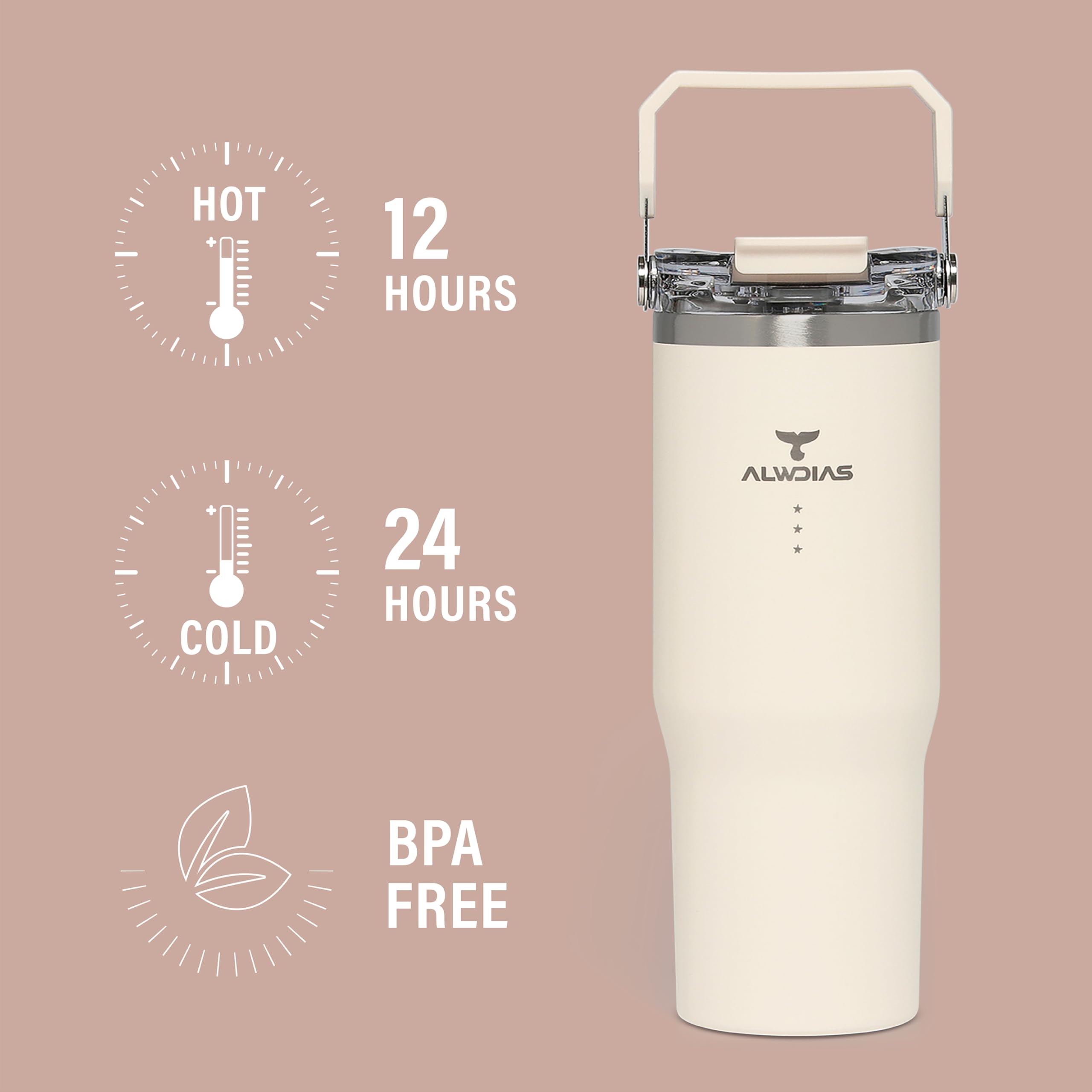 Alwdias Samsta Stainless Steel Tumbler with Handle and Straw | Leakproof Vacuum Insulated Water Bottle | Keep Cold 24H | Cup Holder Friendly Double Walled Travel Mug | 32 oz, White Cream