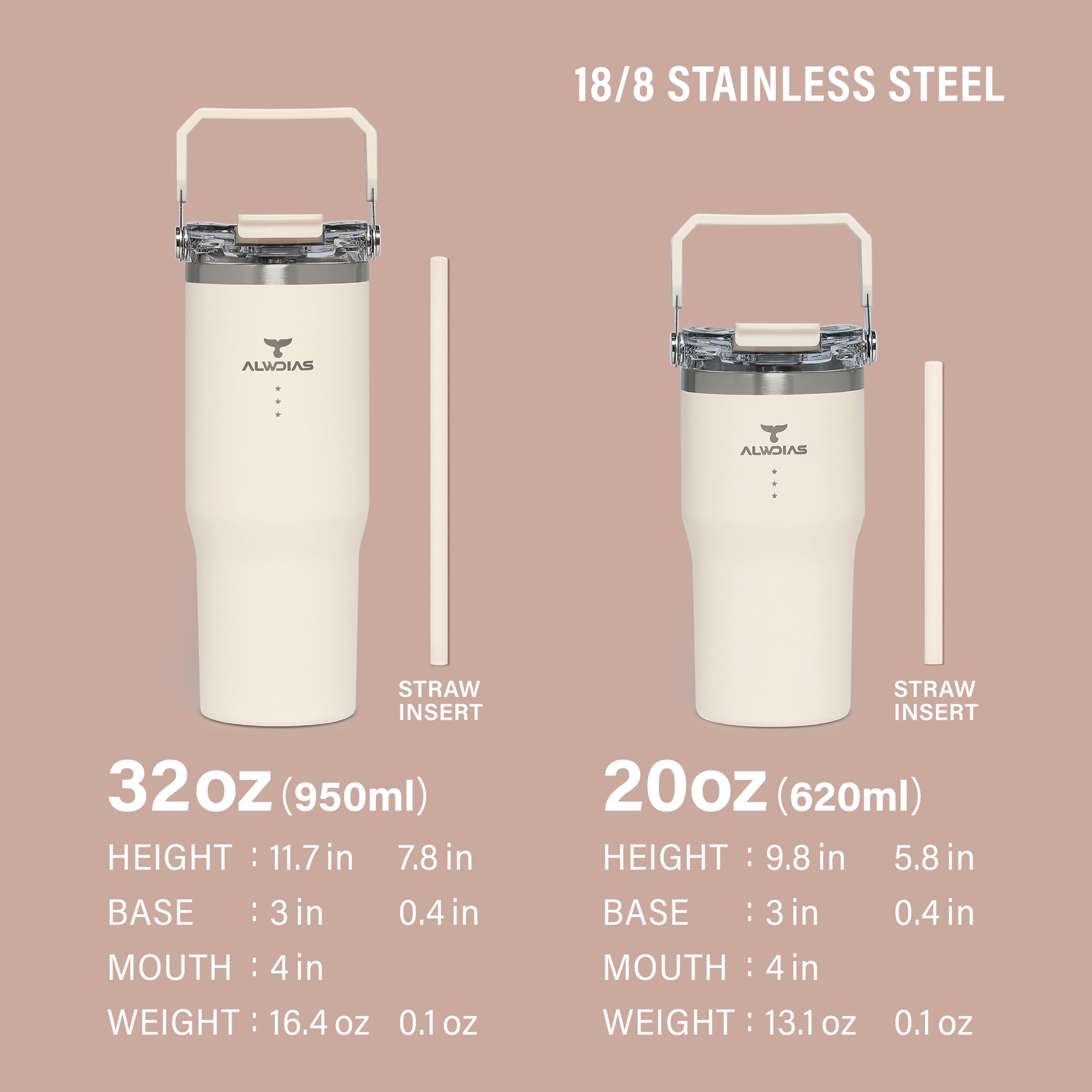 Alwdias Samsta Stainless Steel Tumbler with Handle and Straw | Leakproof Vacuum Insulated Water Bottle | Keep Cold 24H | Cup Holder Friendly Double Walled Travel Mug | 32 oz, White Cream