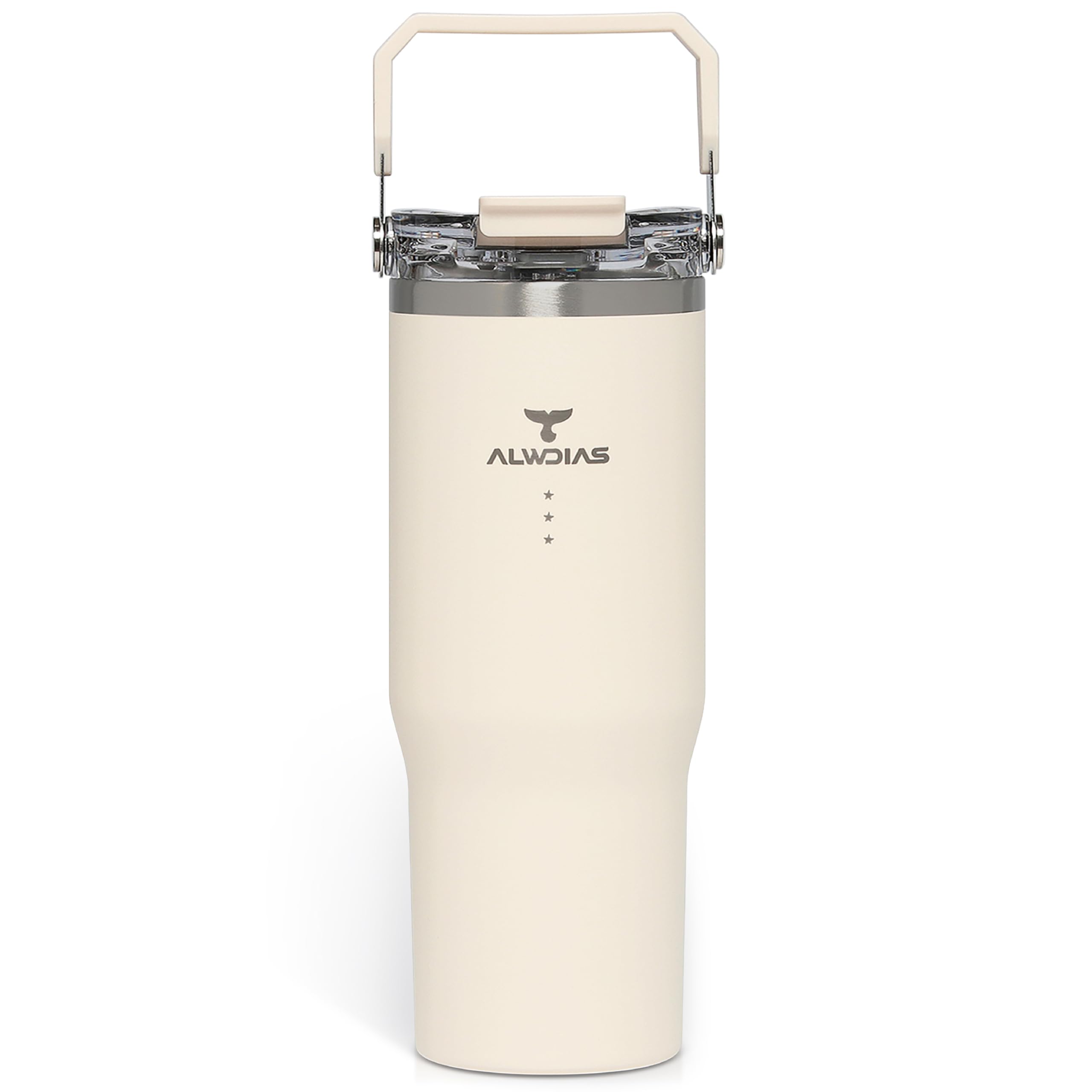 Alwdias Samsta Stainless Steel Tumbler with Handle and Straw | Leakproof Vacuum Insulated Water Bottle | Keep Cold 24H | Cup Holder Friendly Double Walled Travel Mug | 32 oz, White Cream
