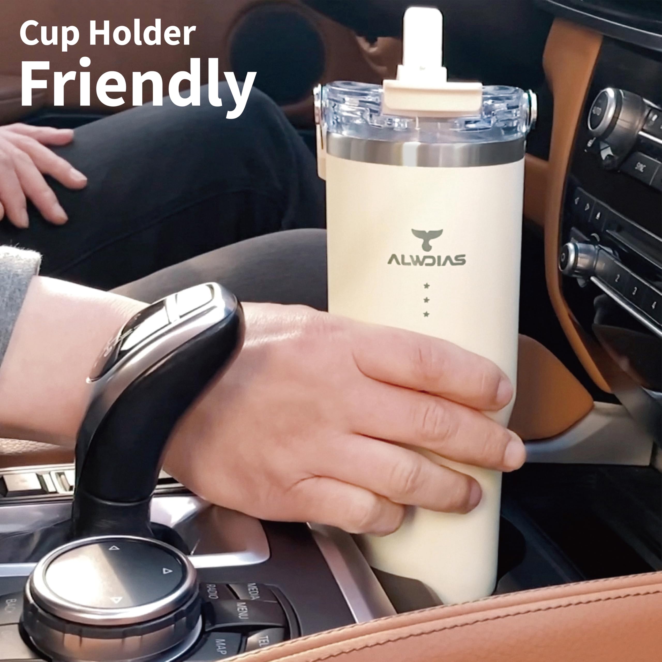 Alwdias Samsta Stainless Steel Tumbler with Handle and Straw | Leakproof Vacuum Insulated Water Bottle | Keep Cold 24H | Cup Holder Friendly Double Walled Travel Mug | 32 oz, Black