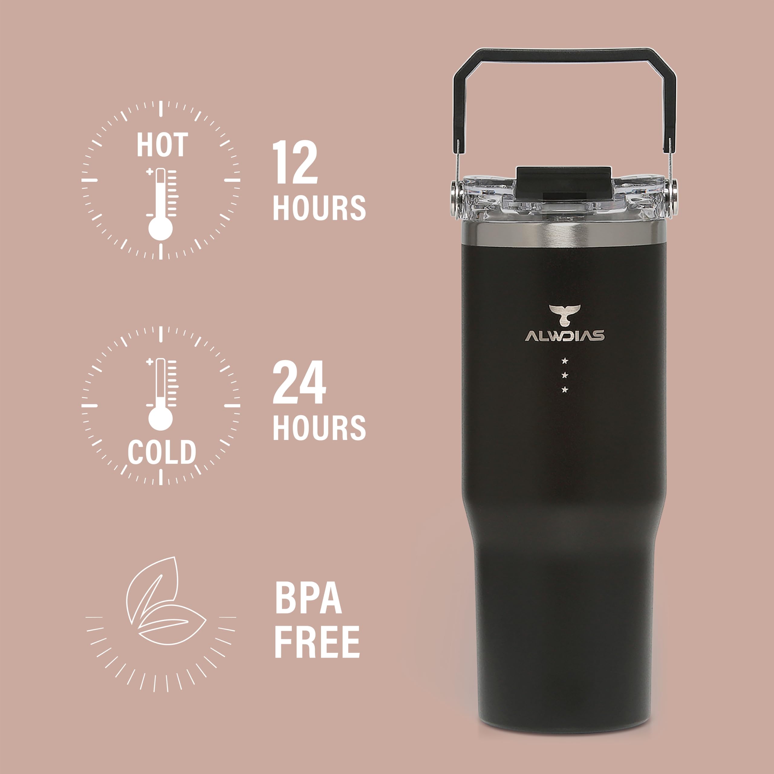 Alwdias Samsta Stainless Steel Tumbler with Handle and Straw | Leakproof Vacuum Insulated Water Bottle | Keep Cold 24H | Cup Holder Friendly Double Walled Travel Mug | 32 oz, Black