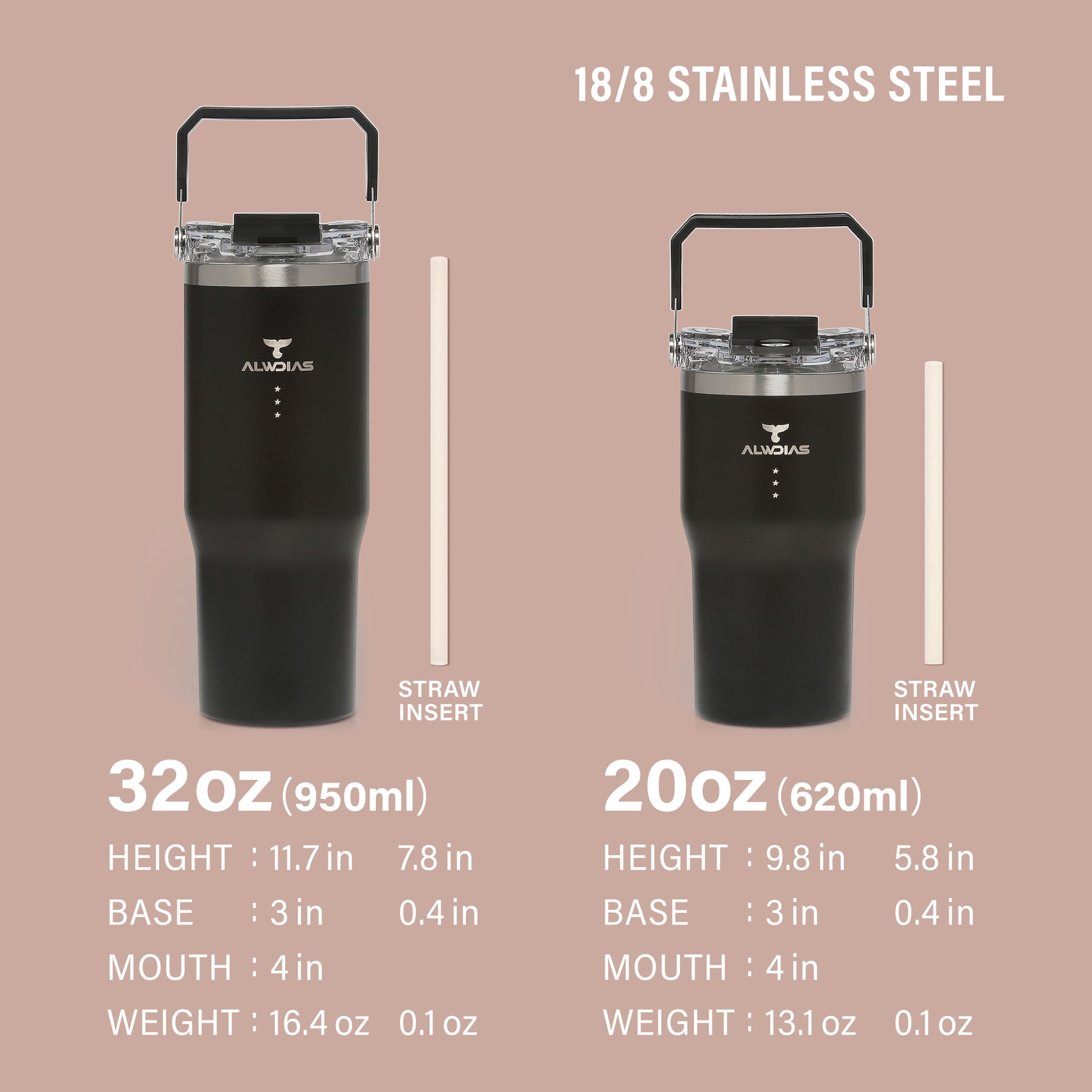 Alwdias Samsta Stainless Steel Tumbler with Handle and Straw | Leakproof Vacuum Insulated Water Bottle | Keep Cold 24H | Cup Holder Friendly Double Walled Travel Mug | 32 oz, Black