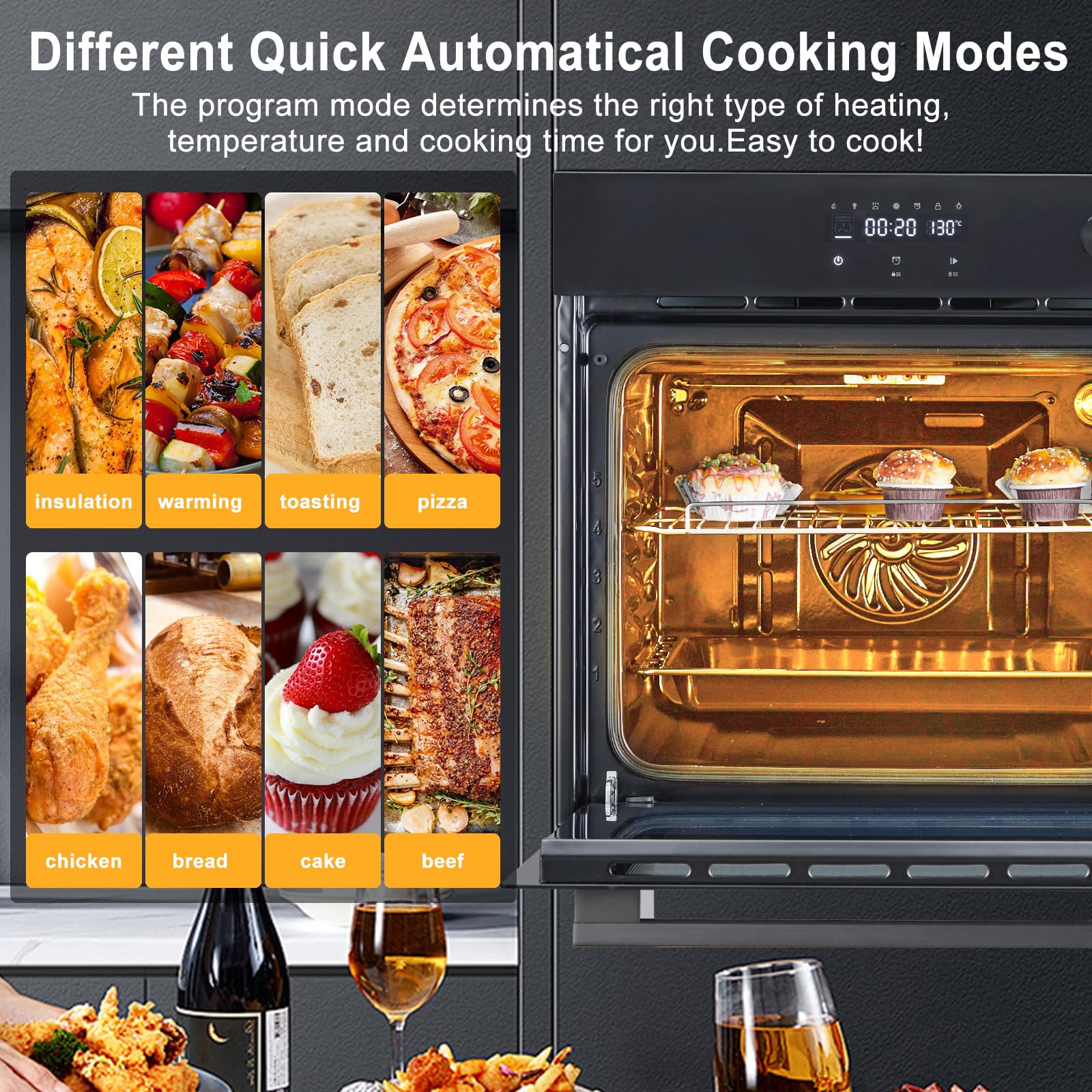 Takywep Single Wall Oven 24", Built-In Electric Ovens With Steam&Grill&Air Frying Mode, 3000W, 240V, 2.5Cu.Ft Convection Built-In Oven, Stainless Steel (Normal Touch Screen)