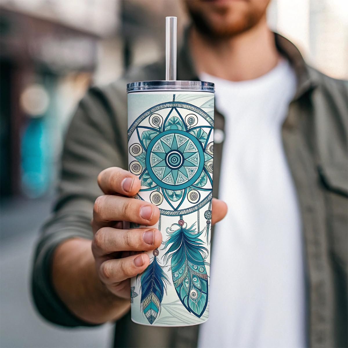 Abstract Teal Blue Dream Catcher Southwestern Design Skinny Tumbler 20oz with Straw Insulated Water Bottle Gift