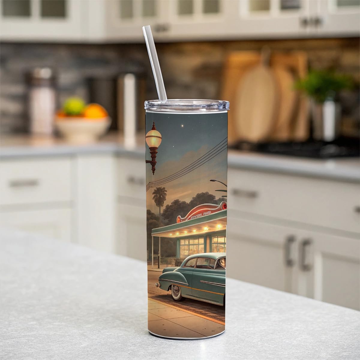 Retro Americana1950's Main Street Diner Skinny Tumbler 20oz with Straw Insulated Water Bottle Gift