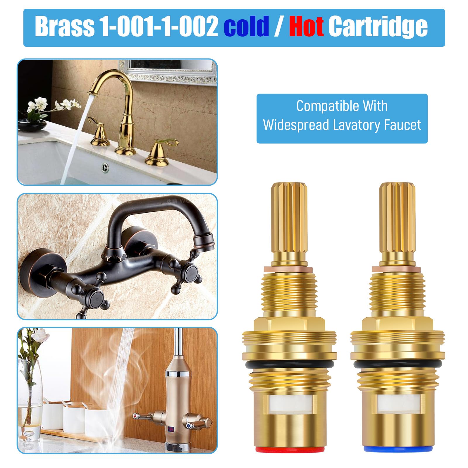 Brass 1-001 & Brass 1-002 Ceramic Valve Cartridge Set, Replacement Hot Widespread Cartridge and Cold Widespread Faucet Cartridge Replacement