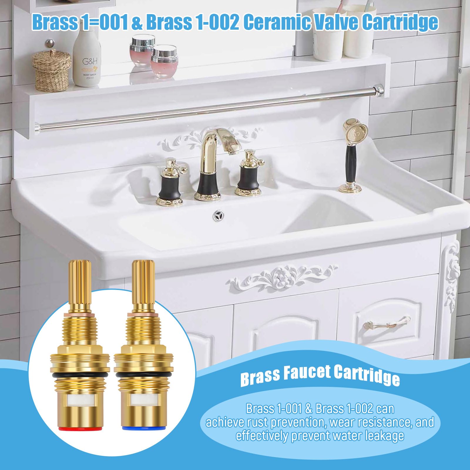 Brass 1-001 & Brass 1-002 Ceramic Valve Cartridge Set, Replacement Hot Widespread Cartridge and Cold Widespread Faucet Cartridge Replacement