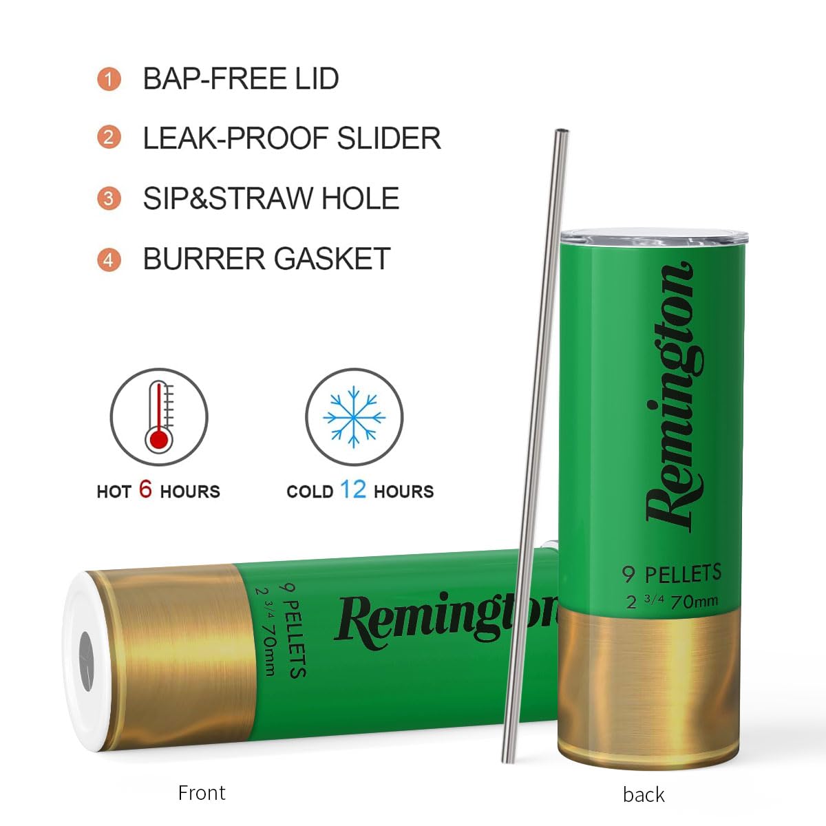 20oz Tumbler Gift for Men Shotgun Shell Style Insulated Skinny Tumblers Cup Coffee Mug with Lid Creativity Gift 20oz Reusable Stainless Steel Water Bottle for Hot & Cold Drinks Tea Cup