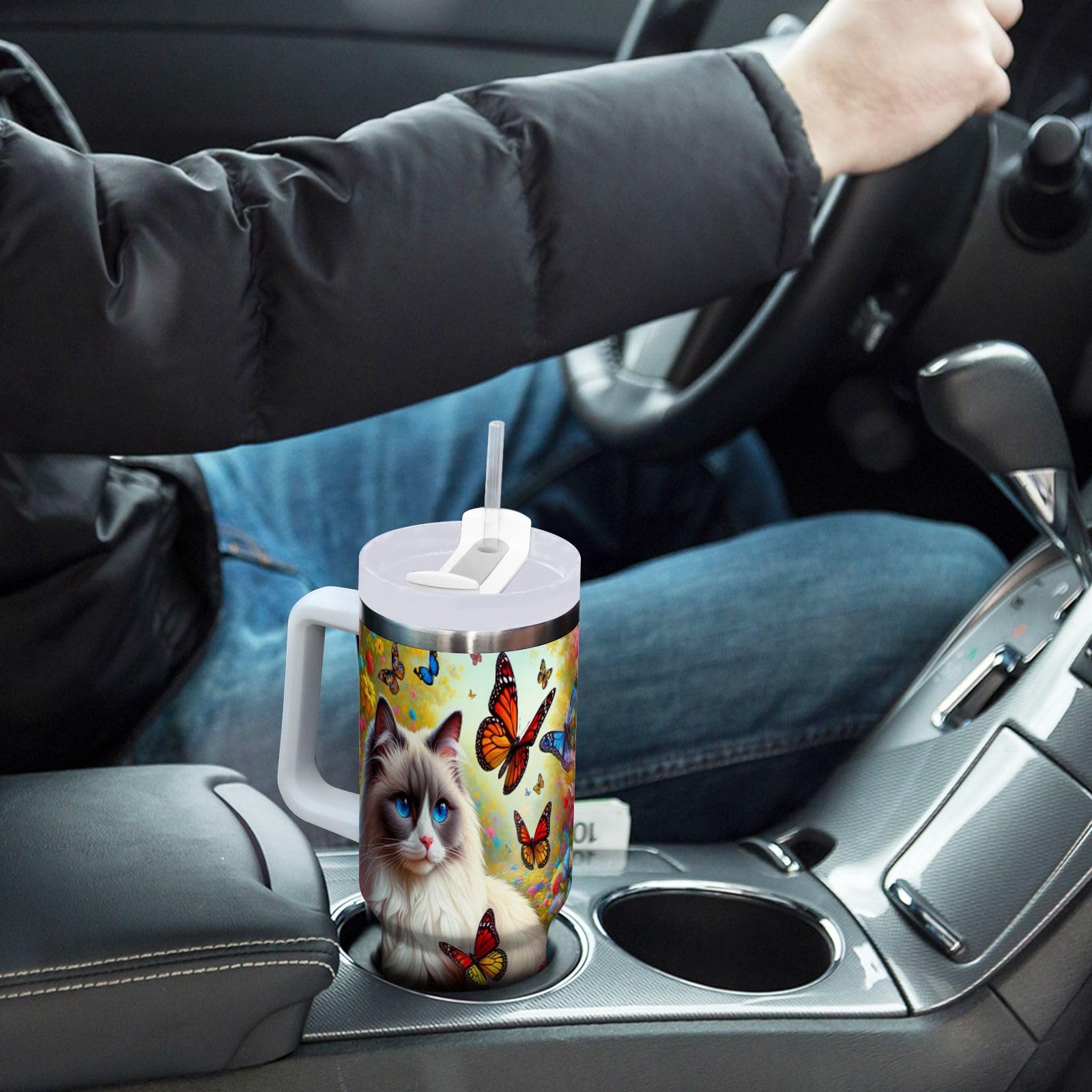 ODAWA Butterfly Cat Insulated Tumbler 30 Oz Coffee Travel Mug with Handle and Straw Lid