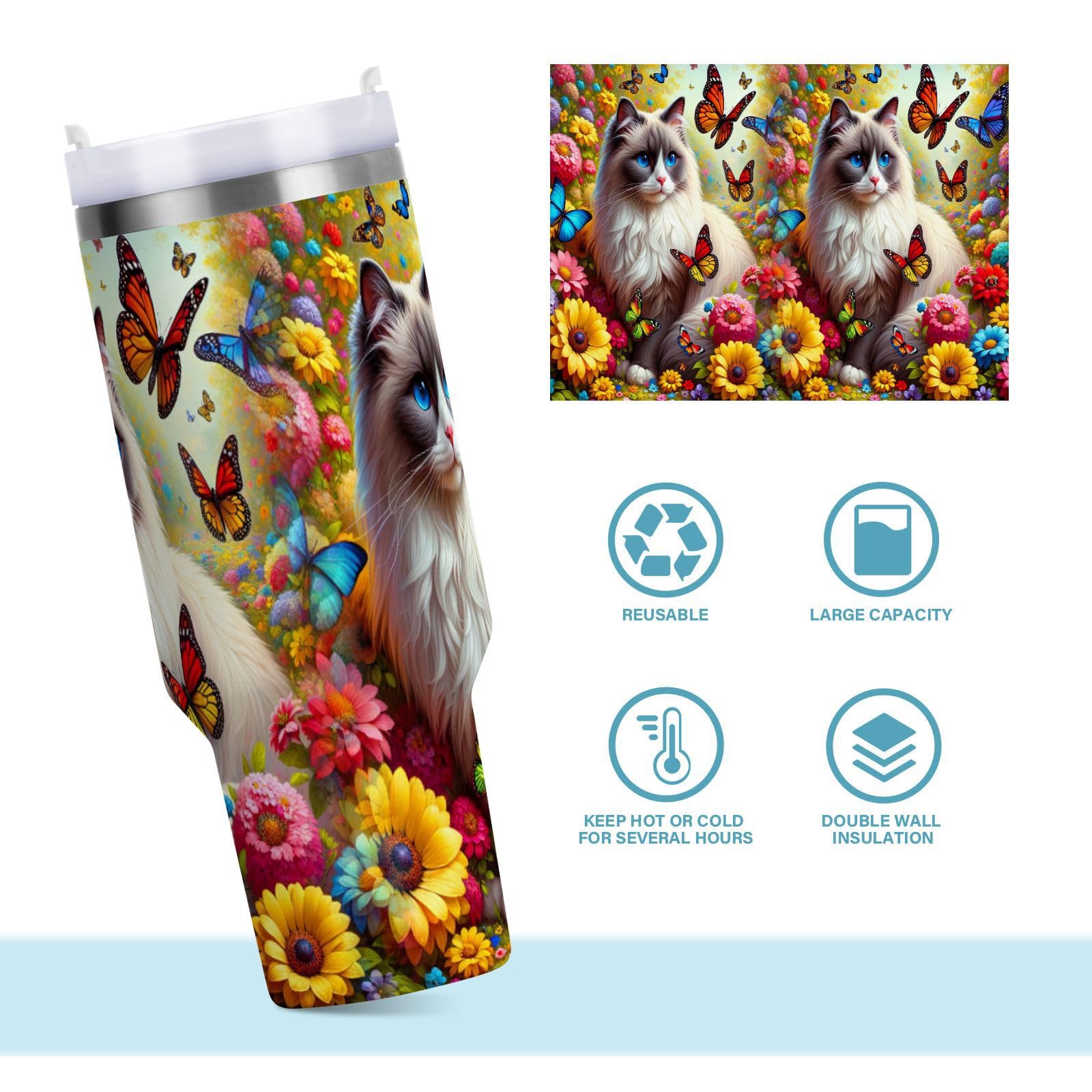 ODAWA Butterfly Cat Insulated Tumbler 30 Oz Coffee Travel Mug with Handle and Straw Lid